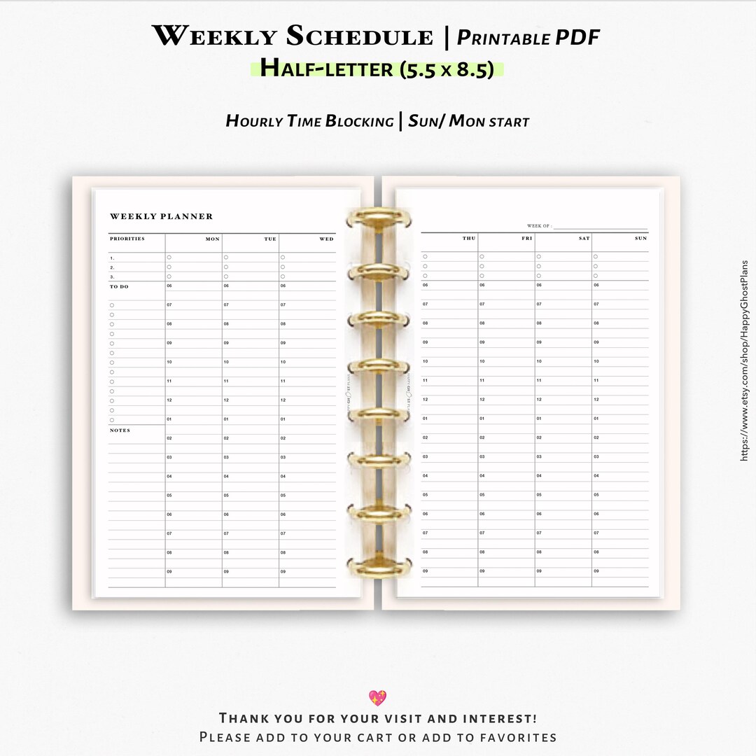 Weekly Hourly Planner Insert - Printable Half-letter, Weekly Time ...