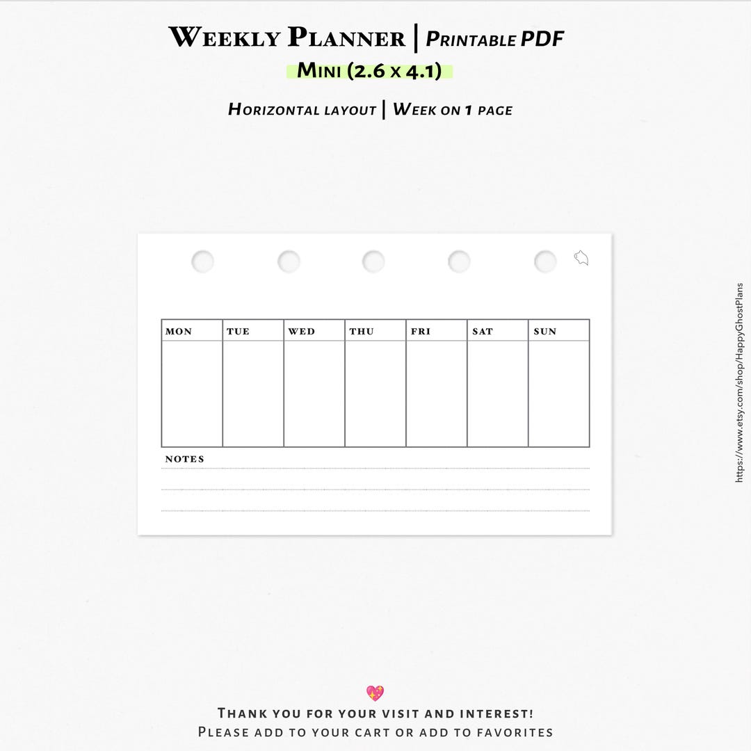 Mini Planner Printable Insert: Horizontal Weekly Layout (PDF Download ...