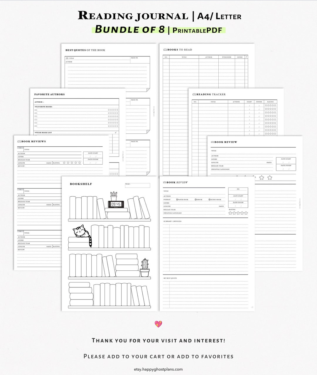 Reading Journal Bundle of 8, Printable Insert for A4, Letter Planner - Etsy