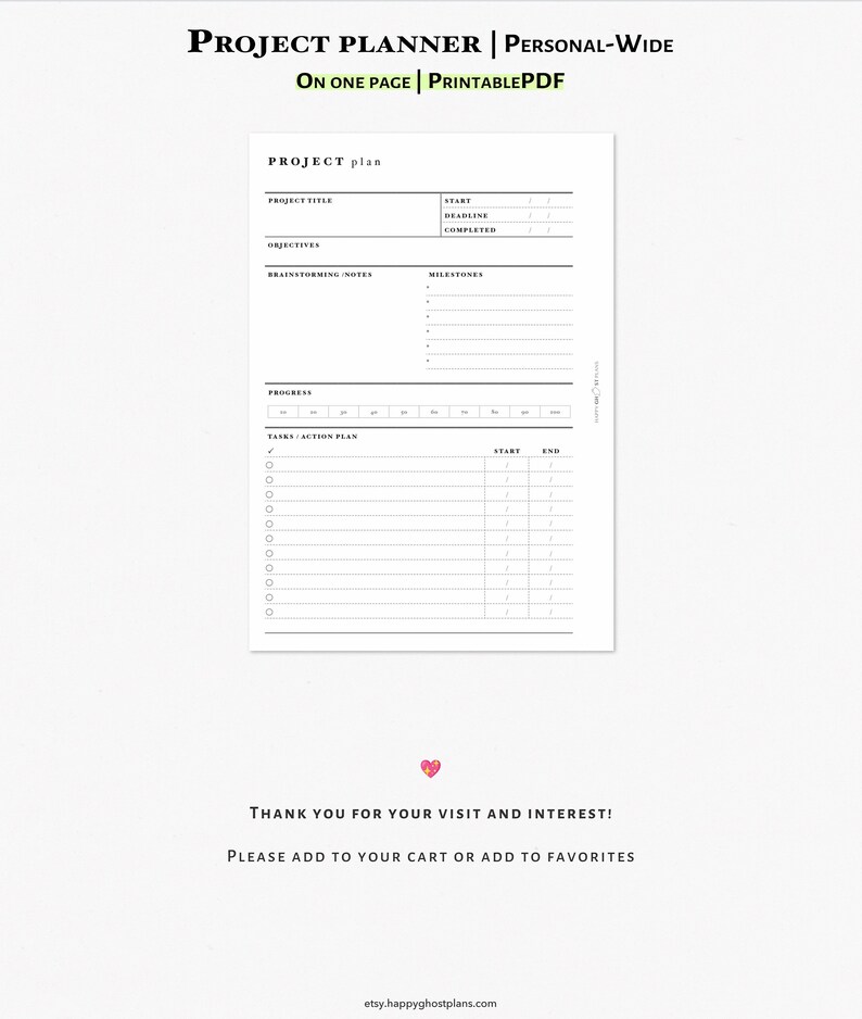 Project Planner Printable Insert for Personal Wide Planner, for Action ...