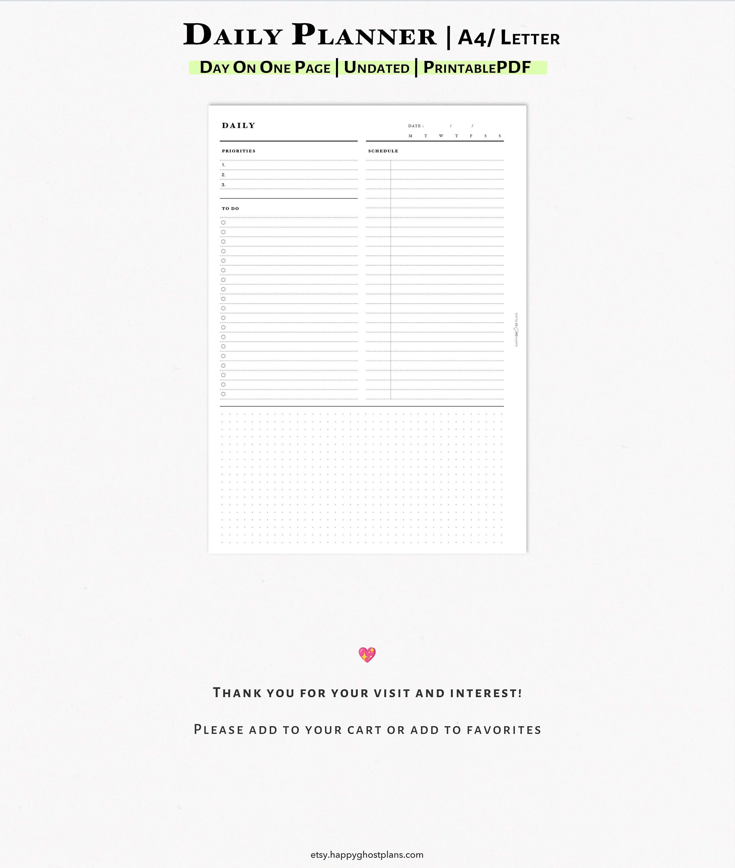 One Page Daily Planner Printable Insert, for A4, Letter Size Planner ...