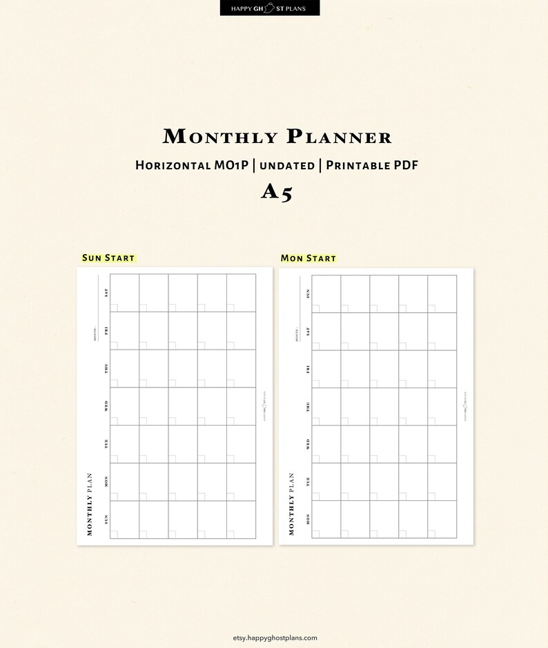 Horizontal Monthly Planner Printable A5 Inserts Undated - Etsy