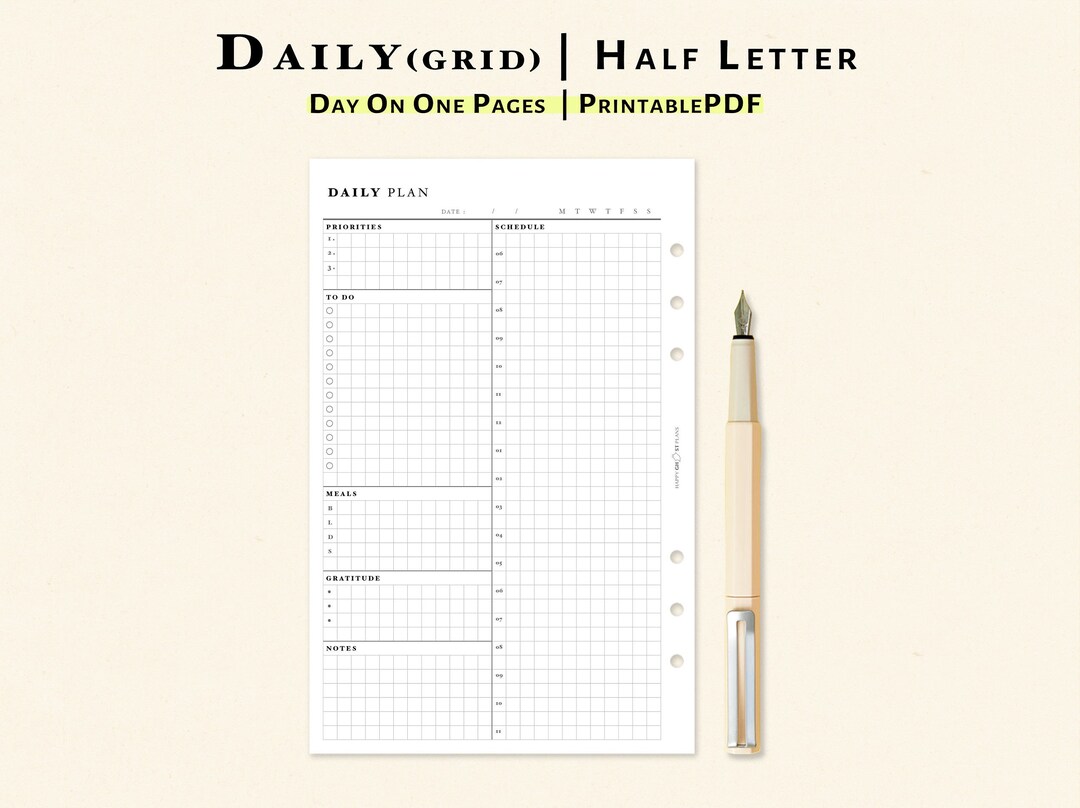 Daily Planner Printable Half Letter Inserts Single Page - Etsy