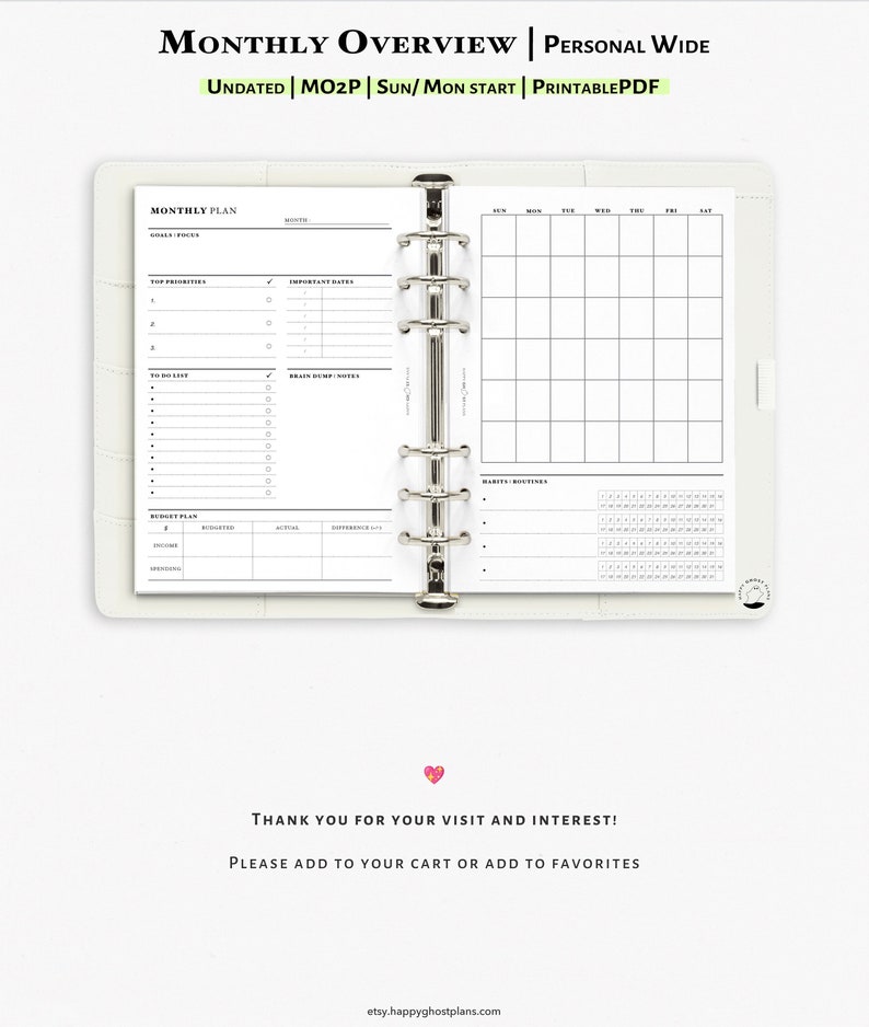 Monthly Overview Planner Printable Insert for Personal-wide Planner ...
