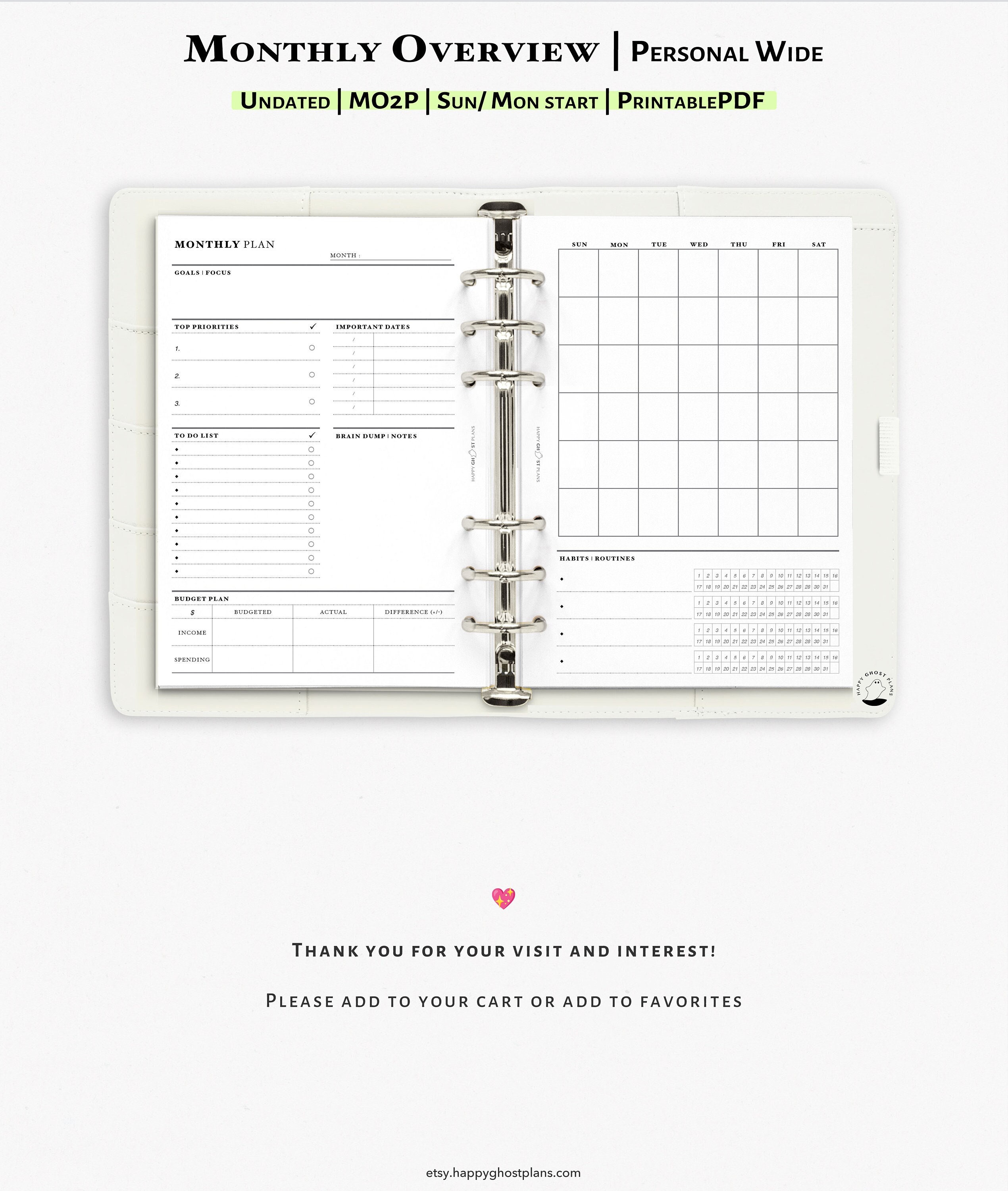 Monthly Overview Planner Printable Insert for Personal-wide Planner ...
