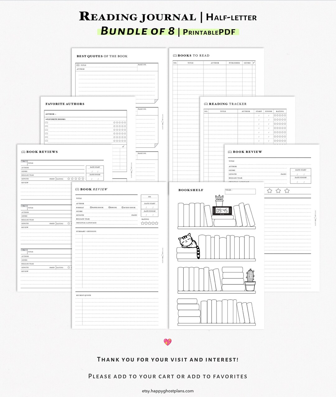 Reading Journal Bundle of 8, Printable Insert for Half-letter Planner ...