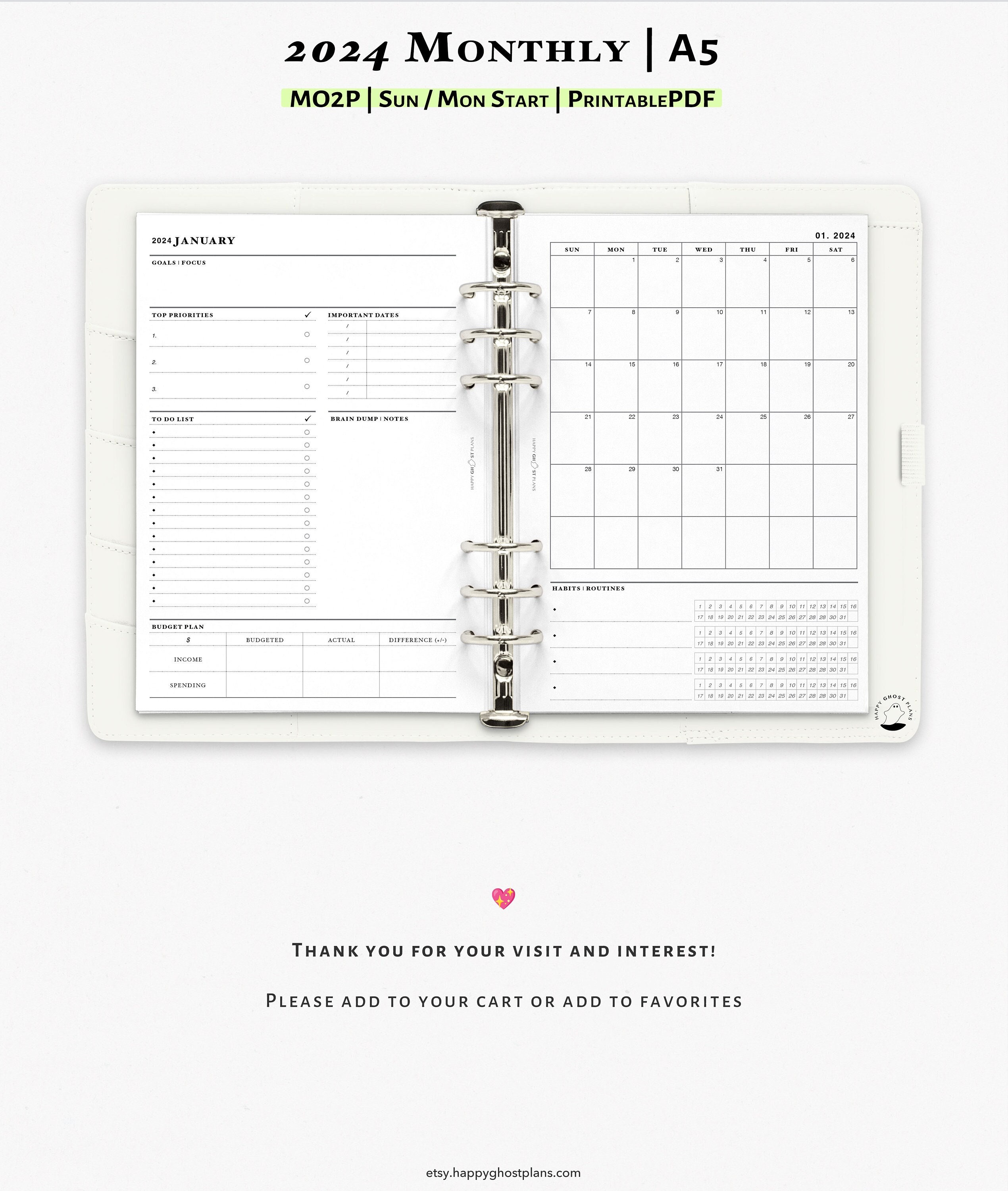 2024 Monthly Overview Printable Insert for A5 Planner MO2P 2024 Monthly ...
