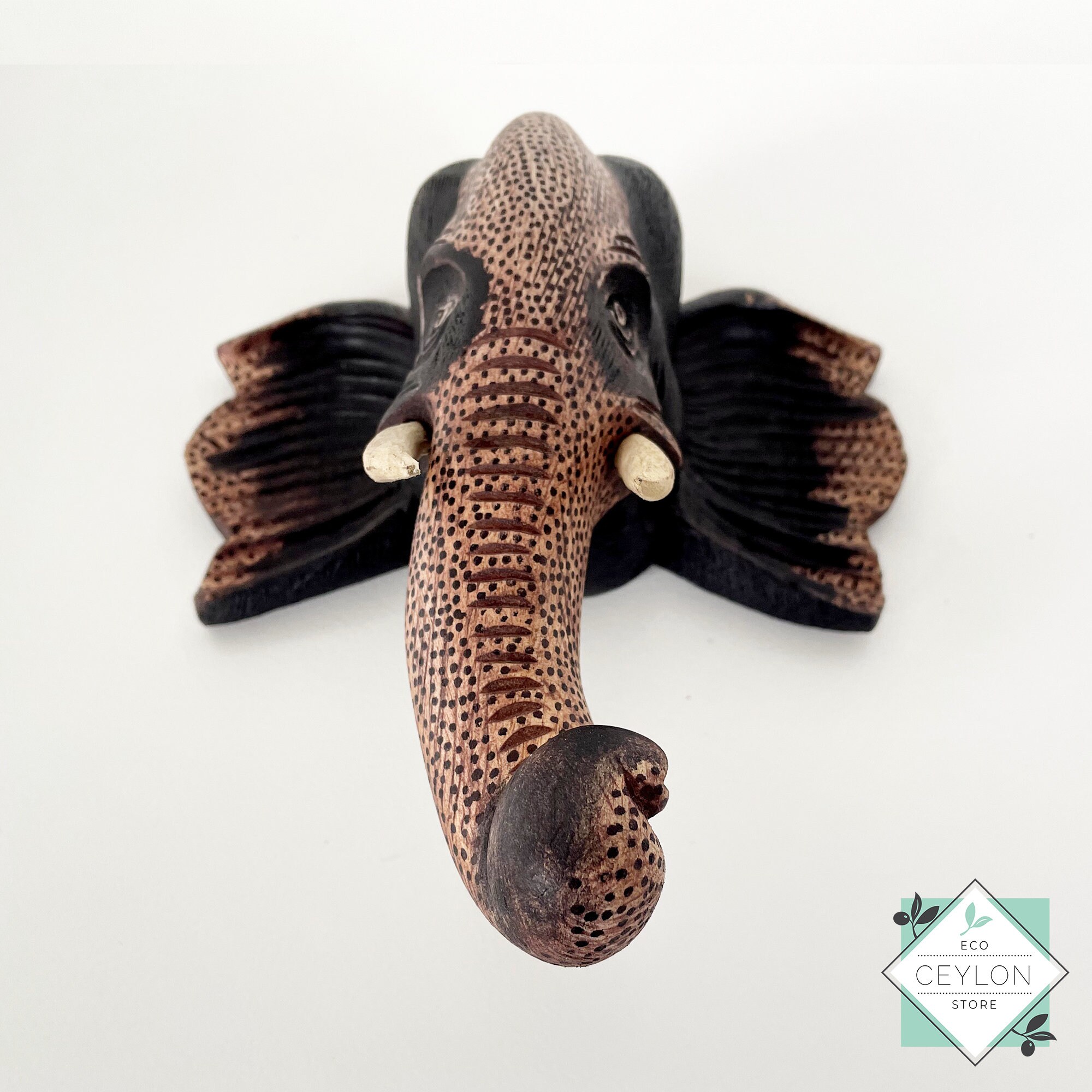 Hand Carved Wooden Elephant Face Sculpture, Elephant Face With Tusks ...