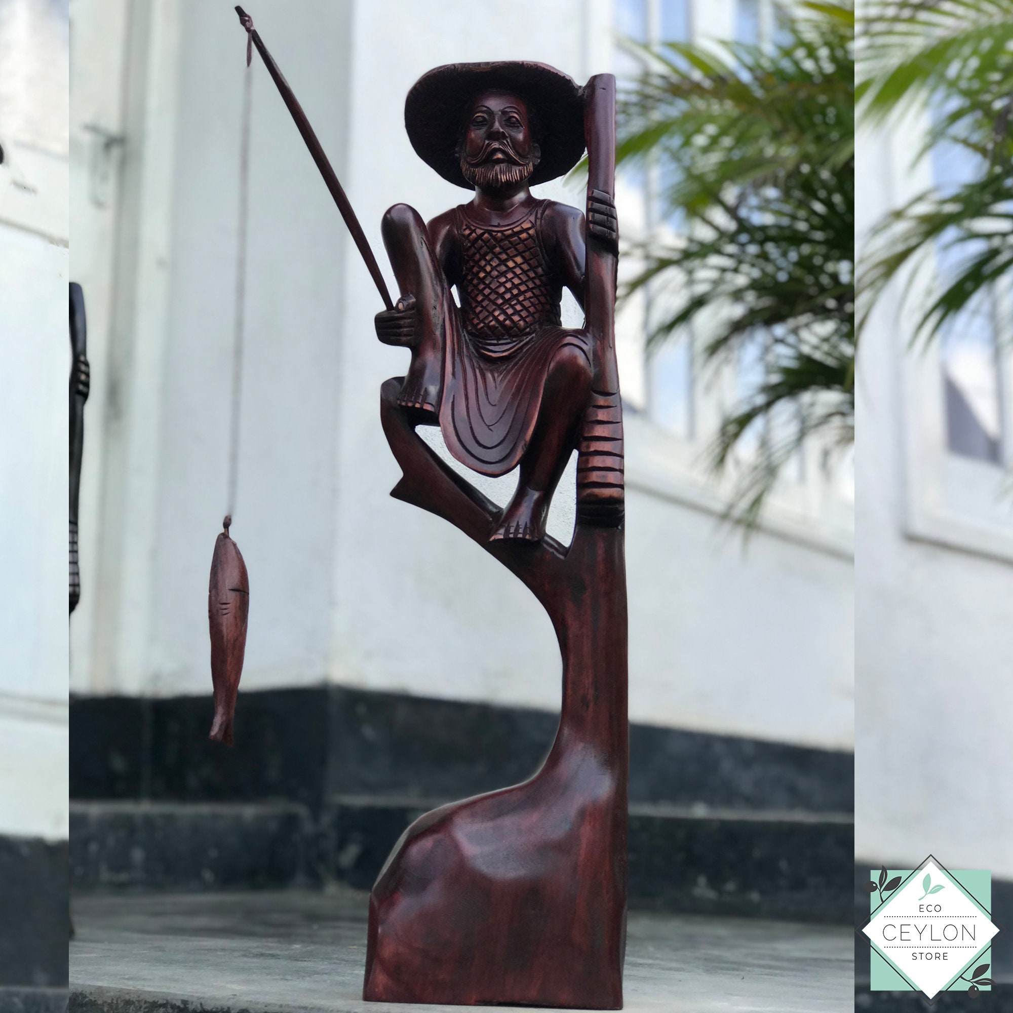 Hand Carved Wooden Fisherman Statue, Wooden Stilt Fisherman With Rod ...
