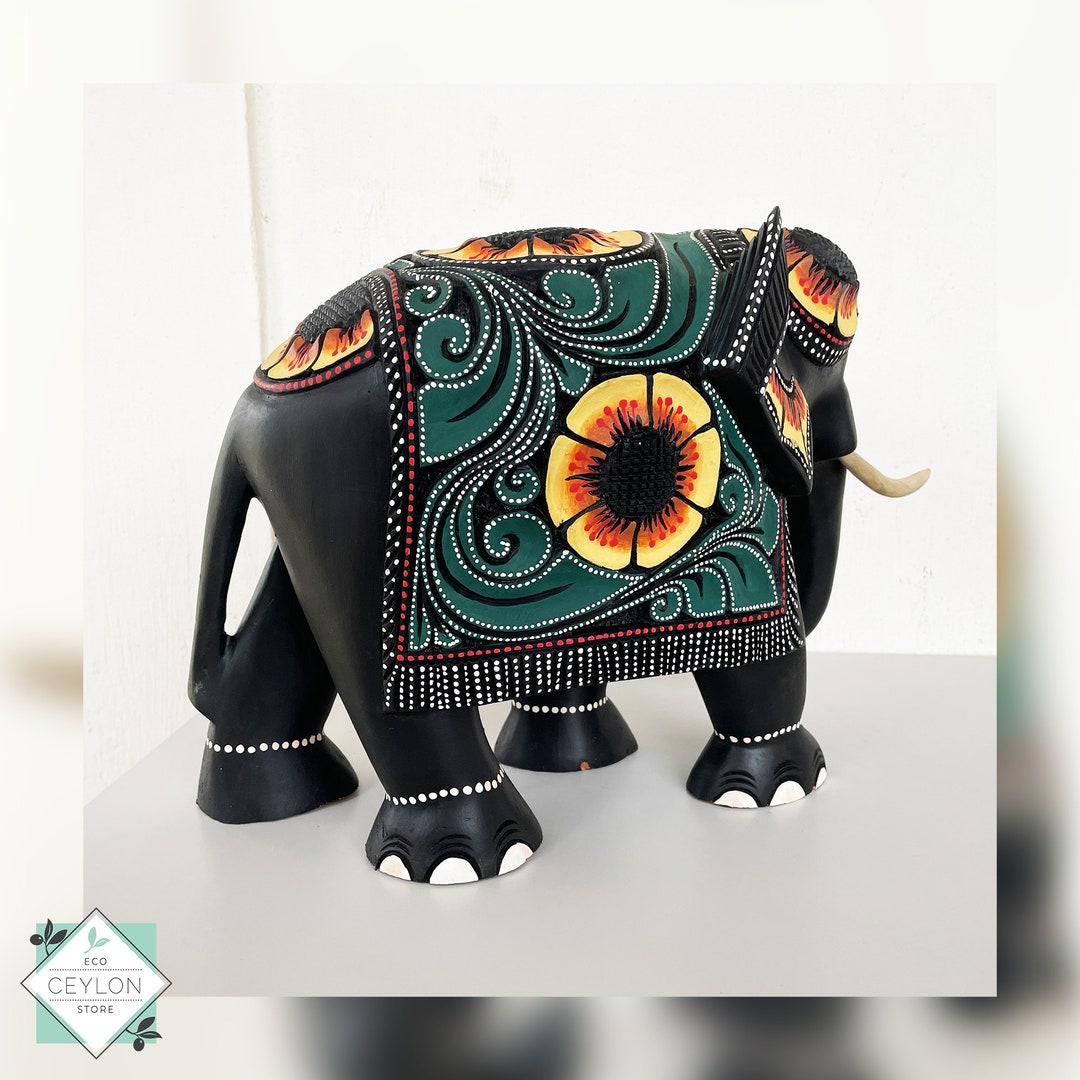 Hand Carved Wooden Green and Black Color Elephant, Elephant Home Decor ...