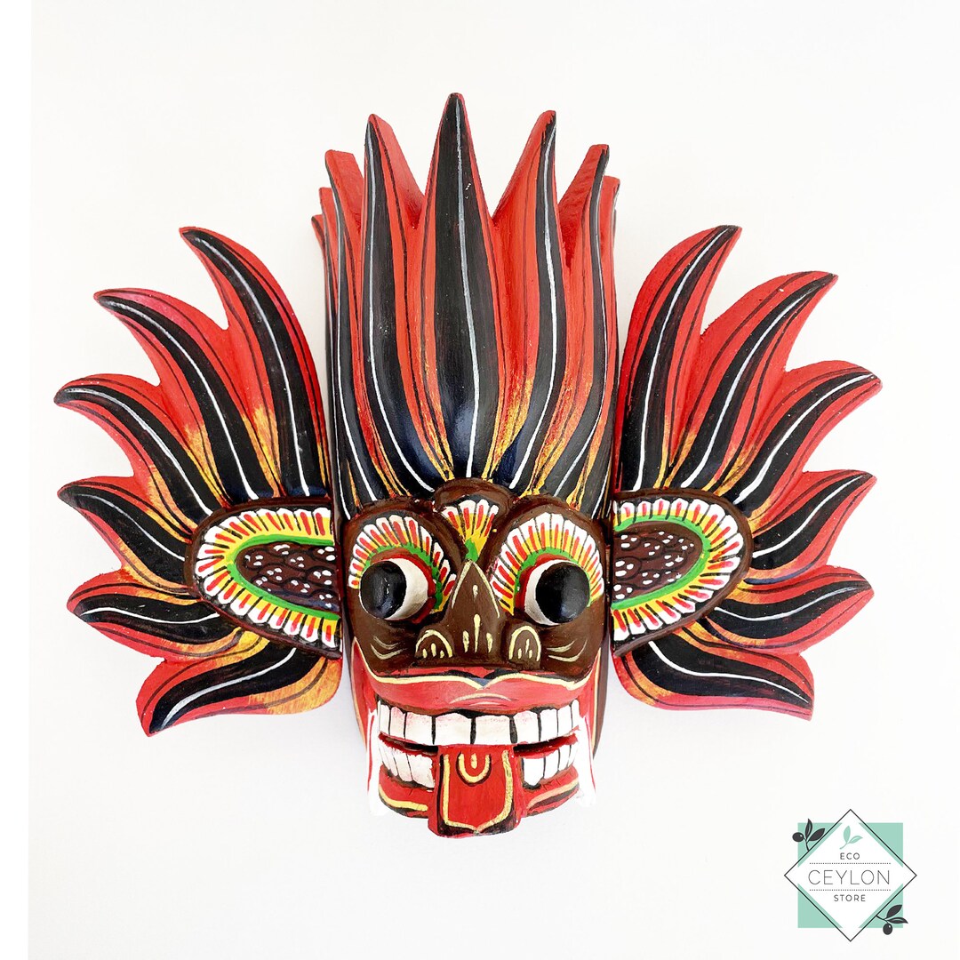 Hand Carved Wooden Red Color Mask Home Decor Gini Raksha Wall Hang Red ...