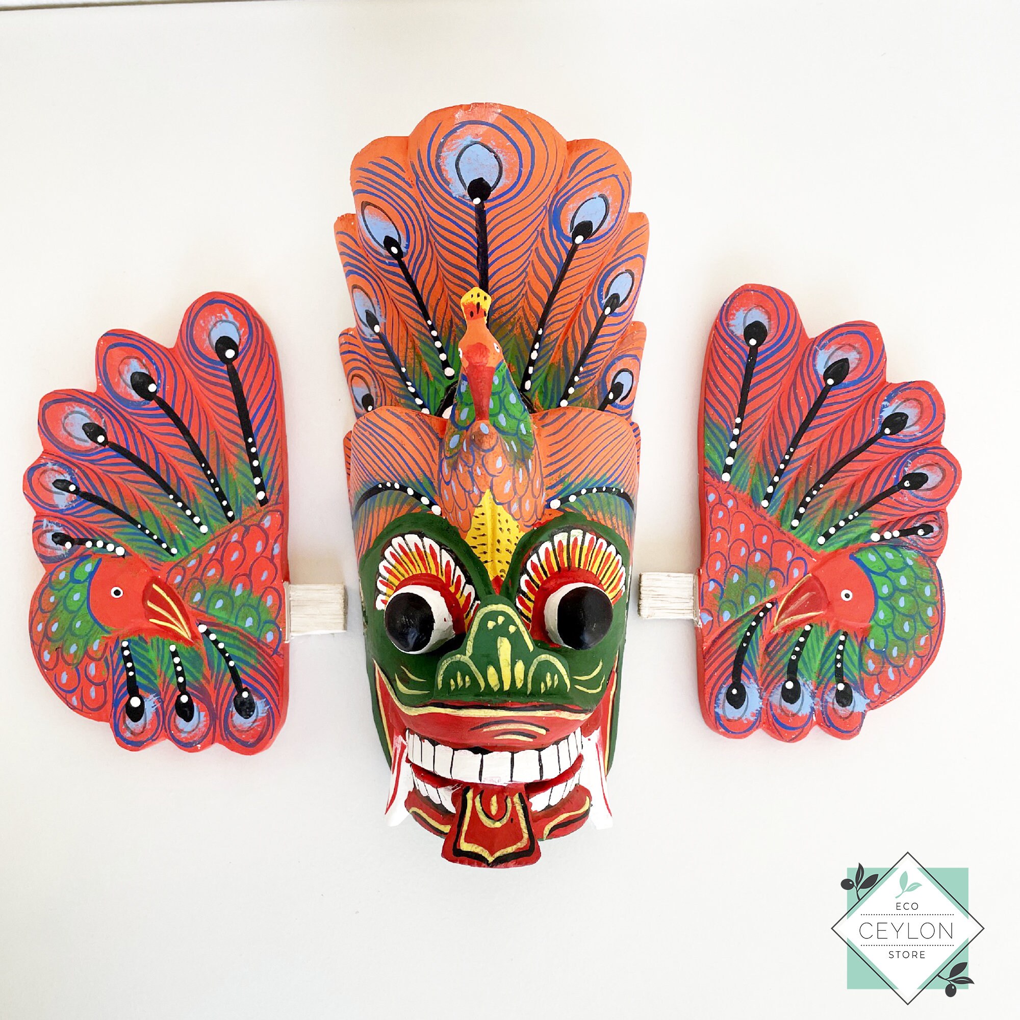 Hand Carved Wooden Orange Color Mask Home Decor Mayura Raksha - Etsy