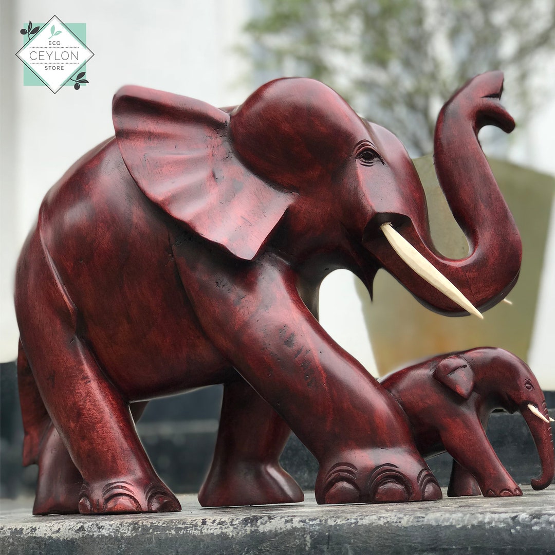 Wood Baby Elephant and Mother Elephant Sclpture, Wooden Elephant Mother ...