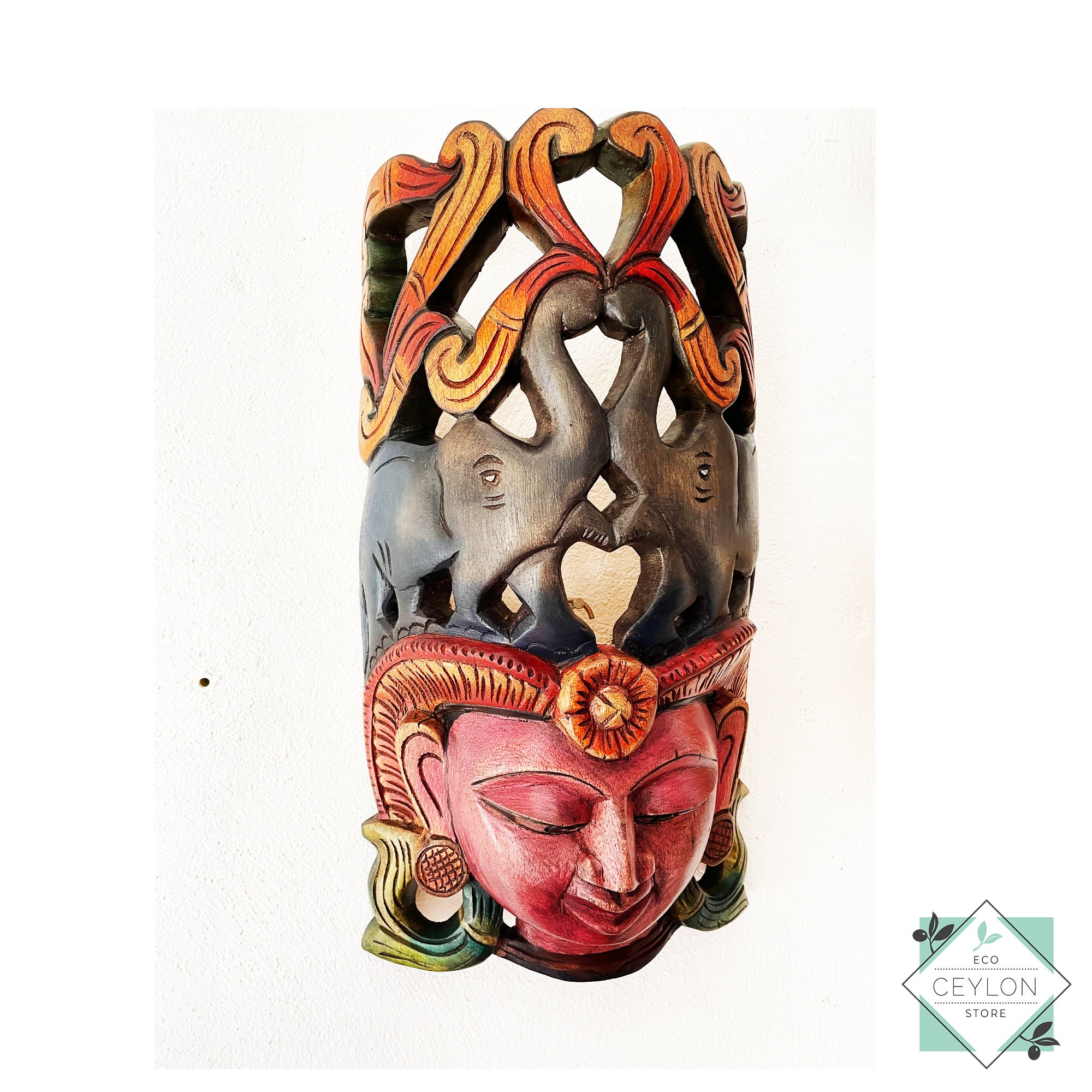 Hand Carved Wood Elephant Mask Wall Decor, Elephant Carvings Goddes ...