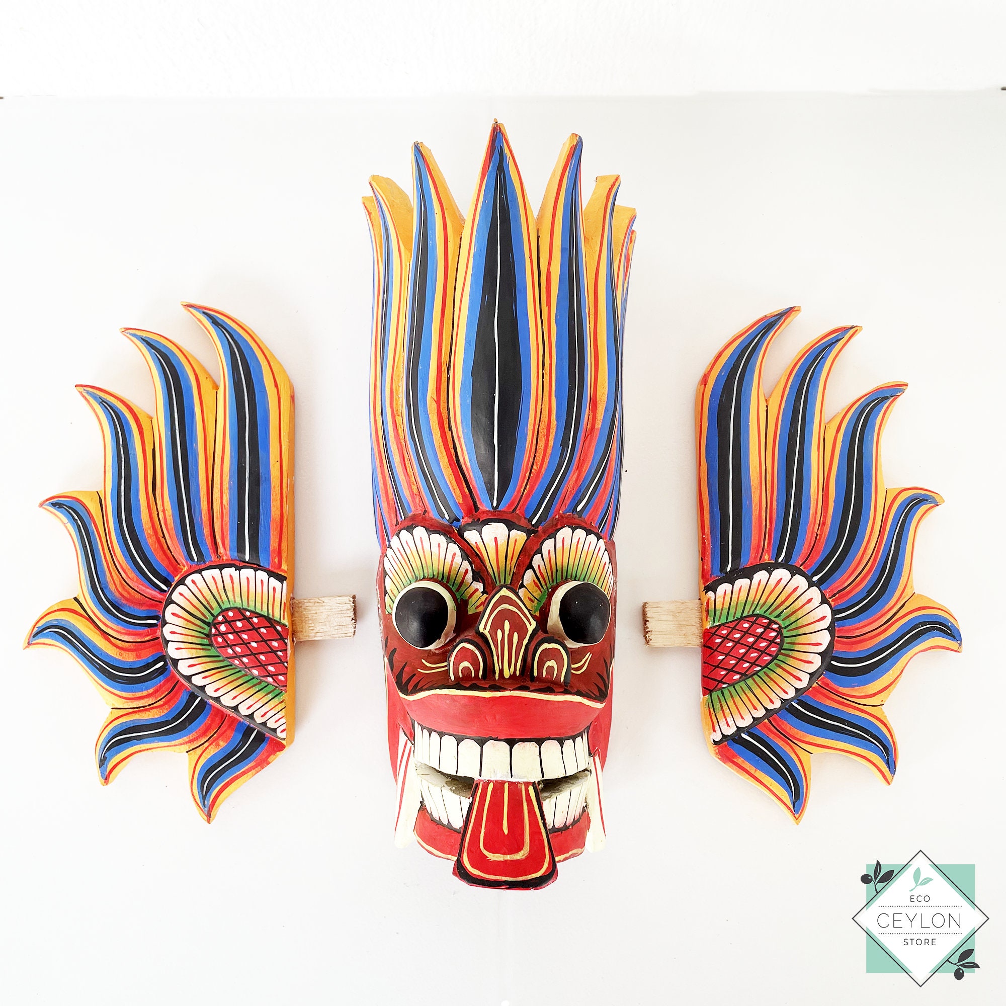 Hand Carved Wooden Blue and Red Color Decor Mask Gini Raksha, Ceylon ...