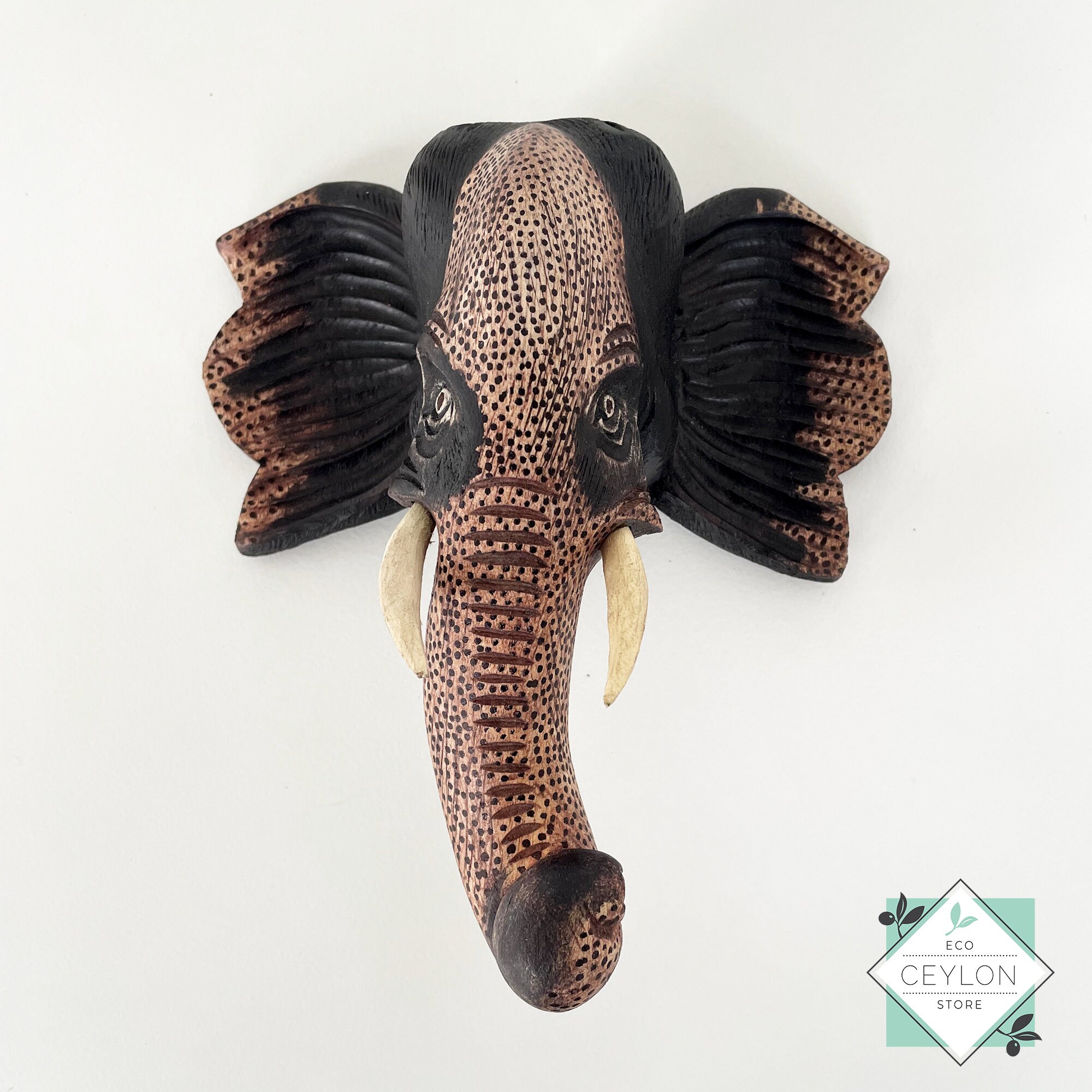 Hand Carved Wooden Elephant Face Sculpture, Elephant Face With Tusks ...