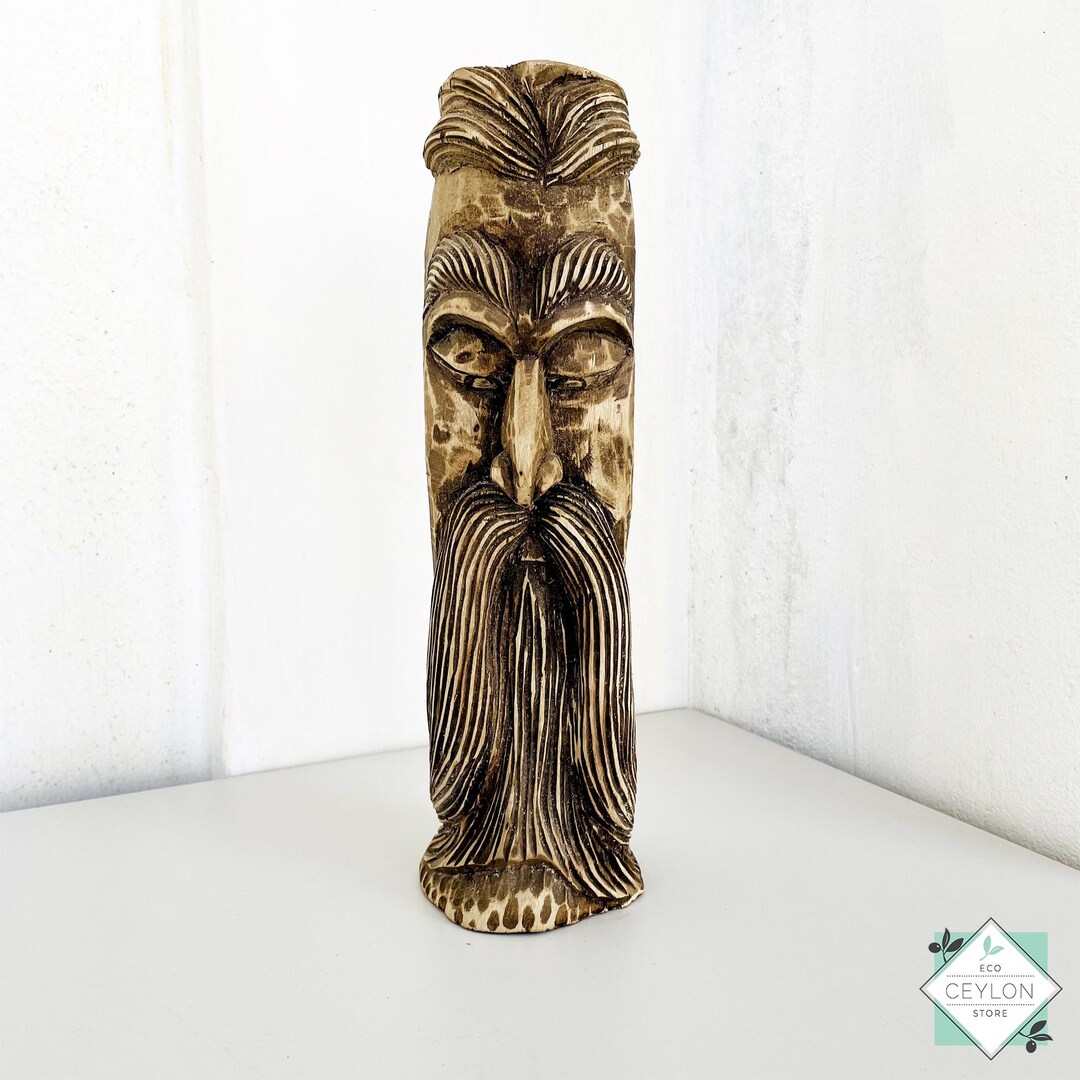 Hand Carved Wooden Log Old Man Sculpture, Wooden Log Home Decor Mask ...
