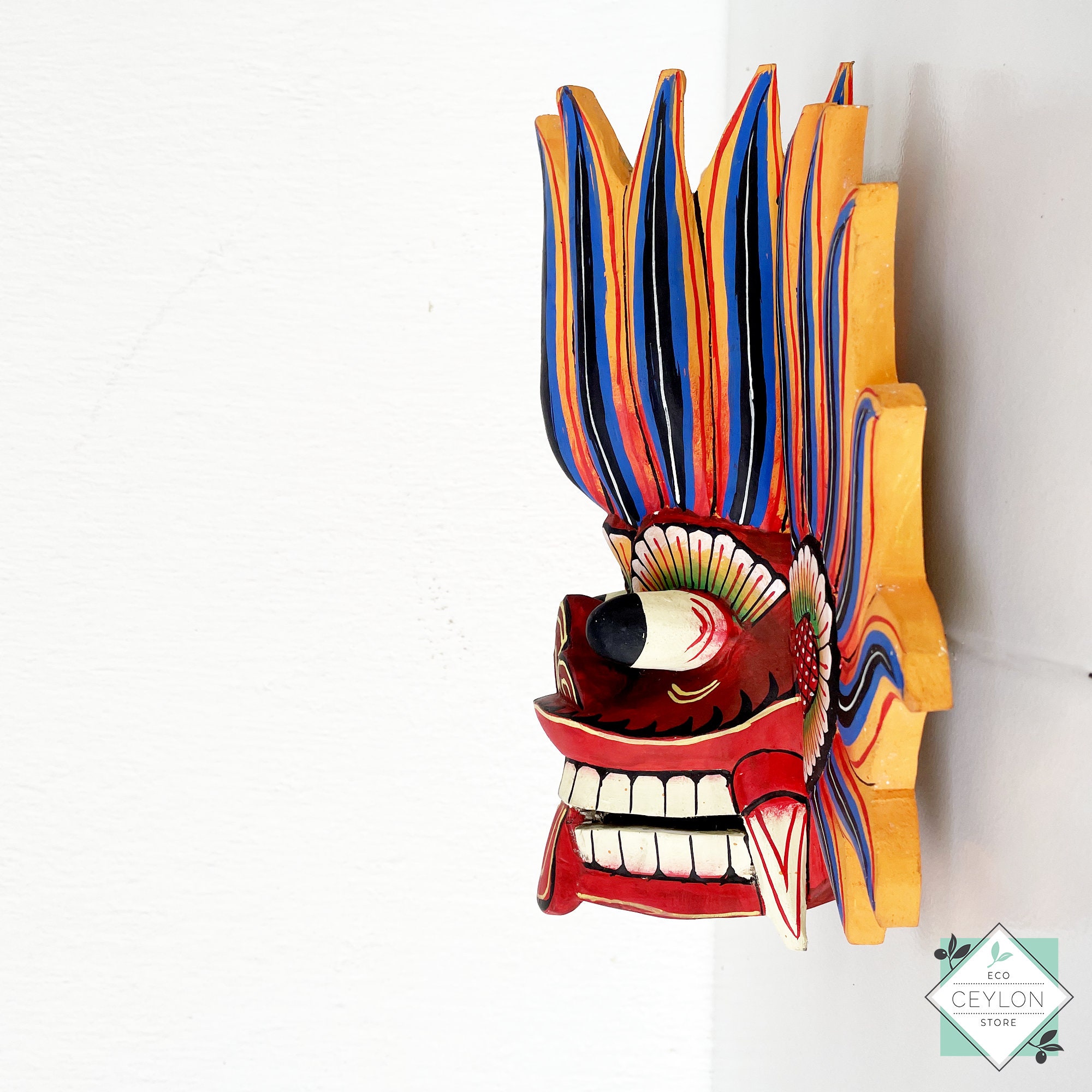 Hand Carved Wooden Blue and Red Color Decor Mask Gini Raksha, Ceylon ...
