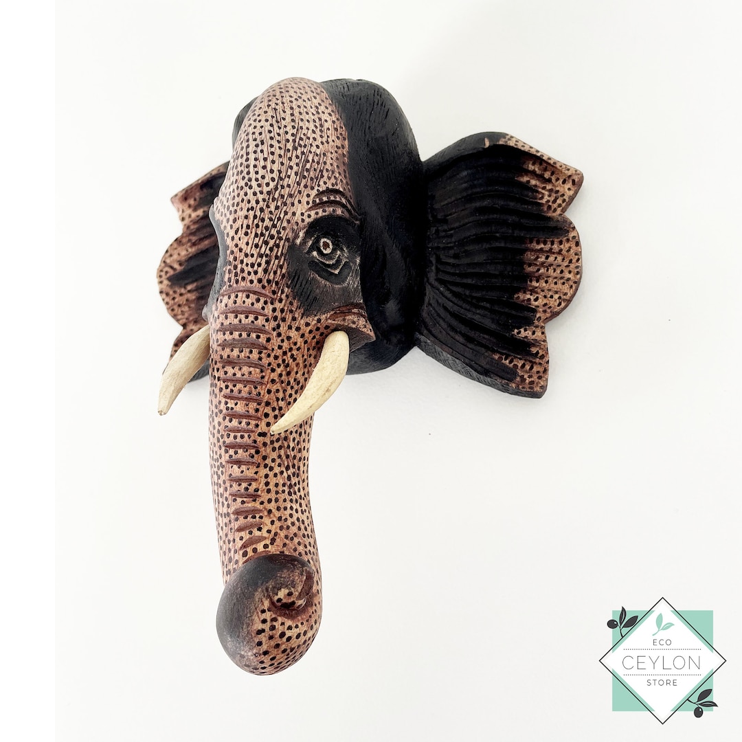 Hand Carved Wooden Elephant Face Sculpture, Elephant Face With Tusks ...