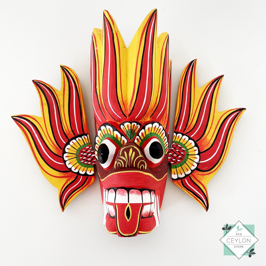 Hand Crafted Wooden Yellow and Red Color Mask Home Decor Gini Raksha ...