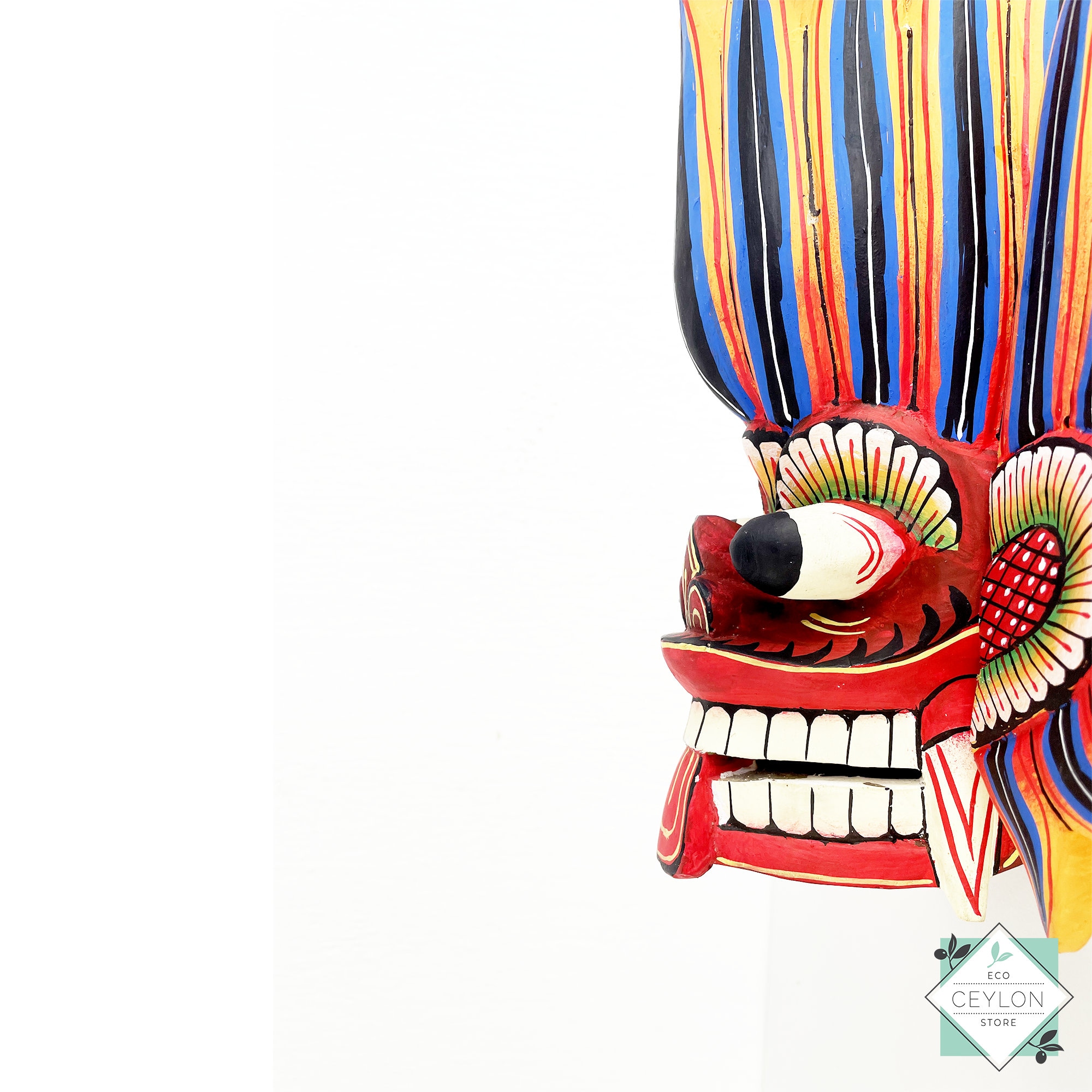Hand Carved Wooden Blue and Red Color Decor Mask Gini Raksha, Ceylon ...