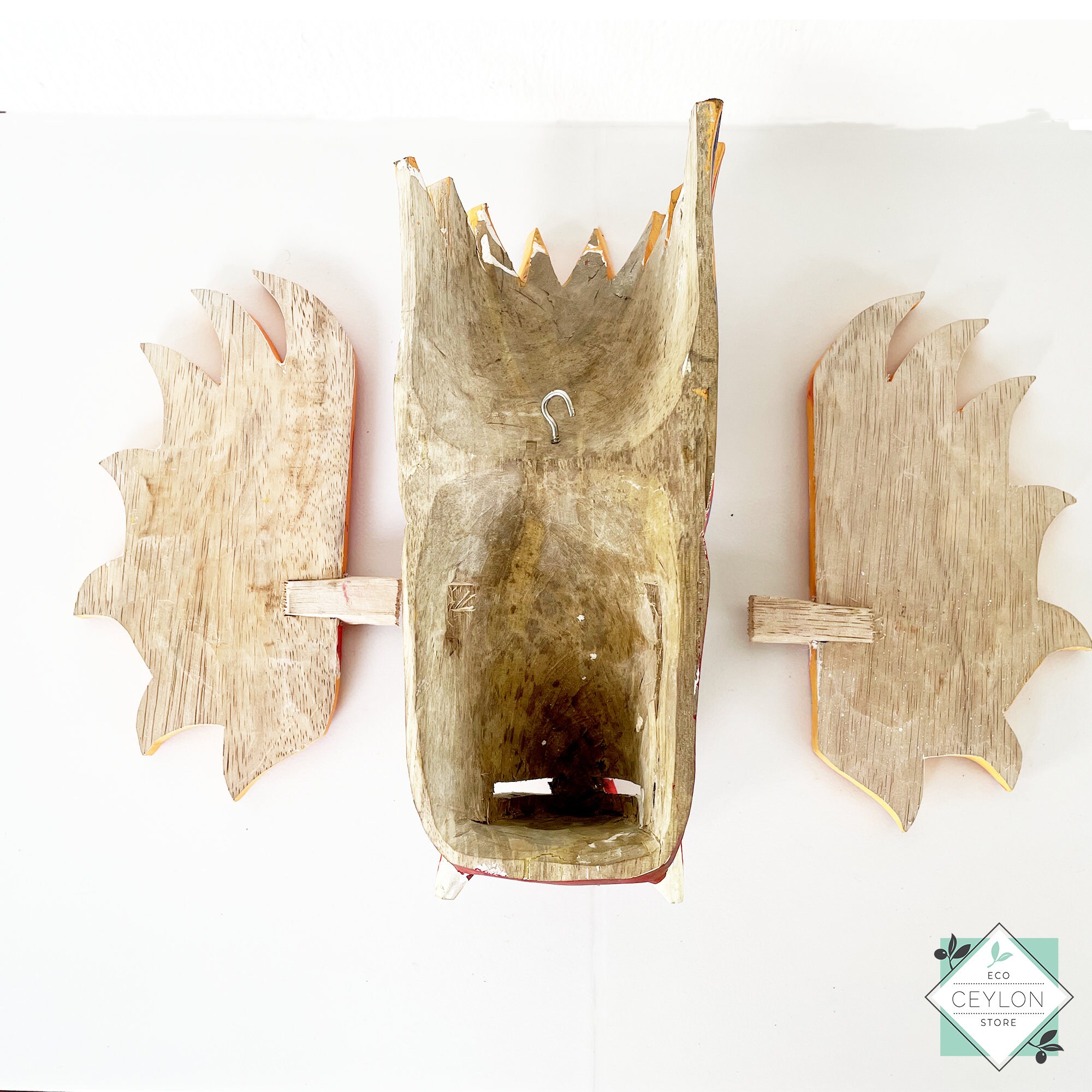 Hand Carved Wooden Blue and Red Color Decor Mask Gini Raksha, Ceylon ...