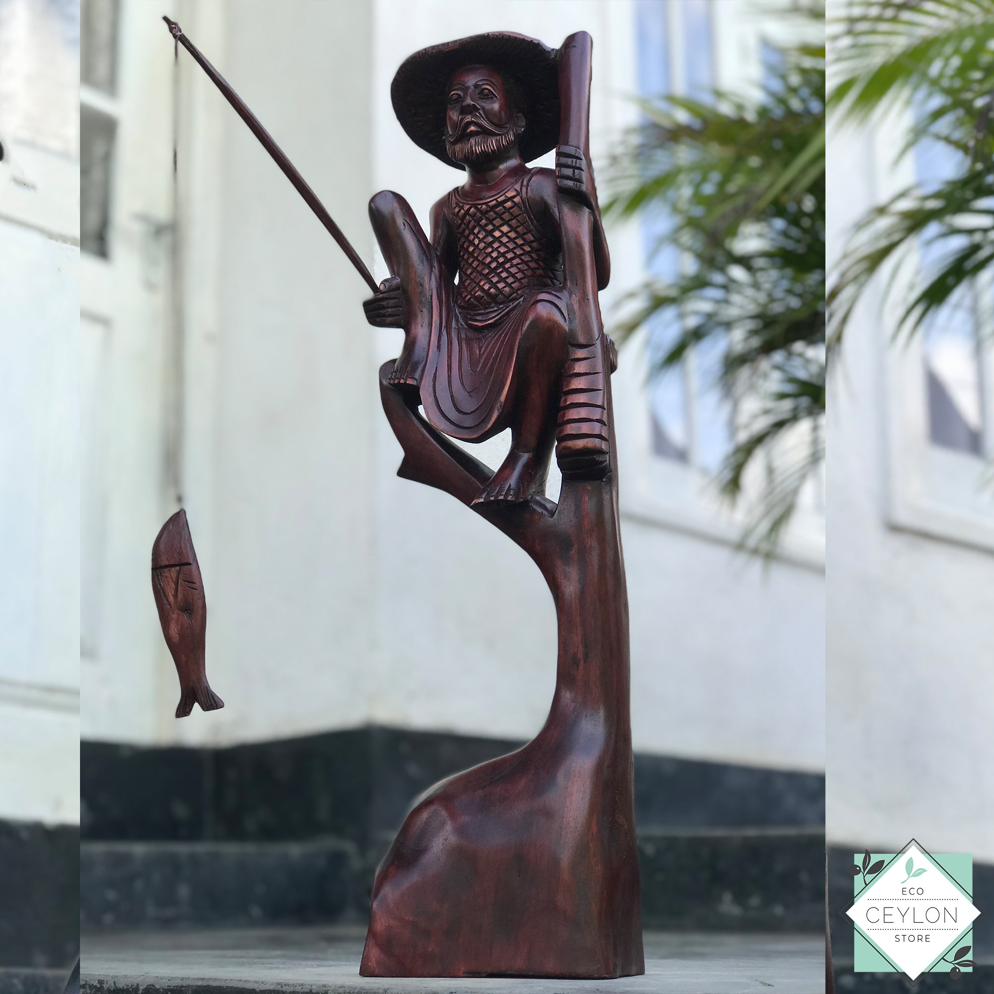 Hand Carved Wooden Fisherman Statue, Wooden Stilt Fisherman With Rod ...