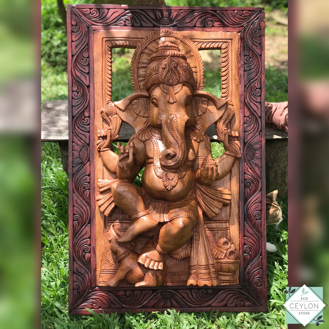 Hand Carved Hindu God Ganesh Wall Hang Statue, Wooden Ganesh Wall Decor ...