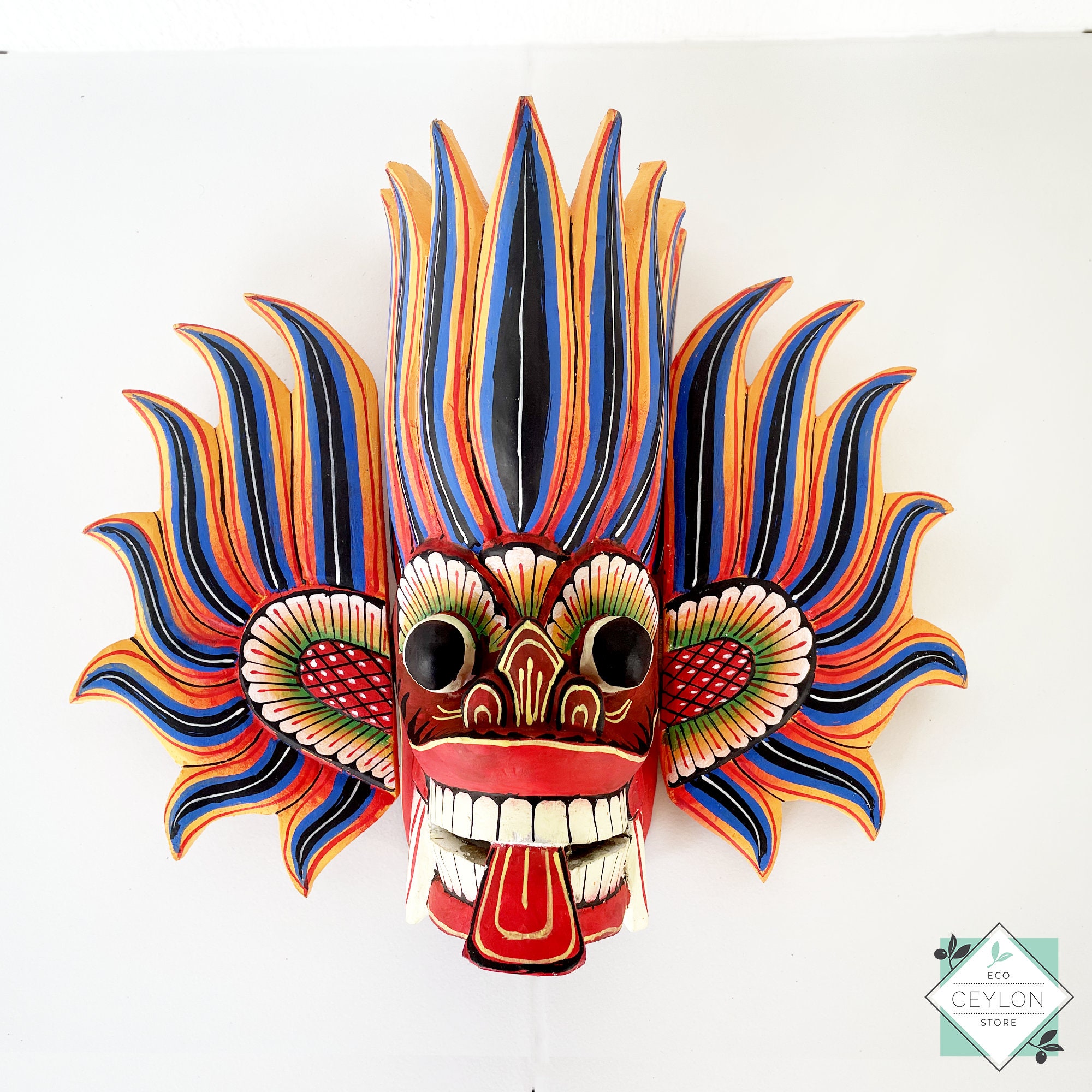 Hand Carved Wooden Blue and Red Color Decor Mask Gini Raksha, Ceylon ...