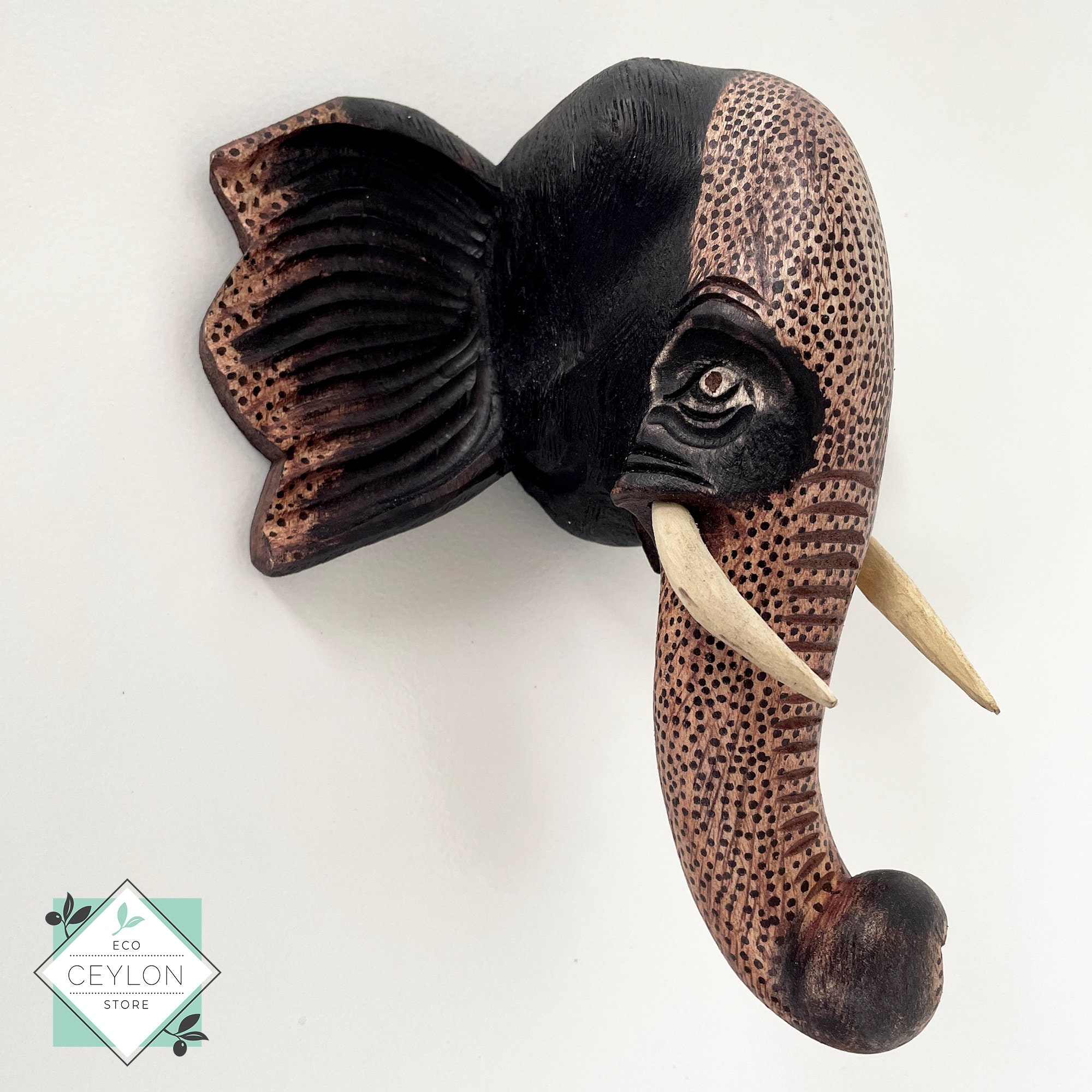 Hand Carved Wooden Elephant Face Sculpture, Elephant Face With Tusks ...