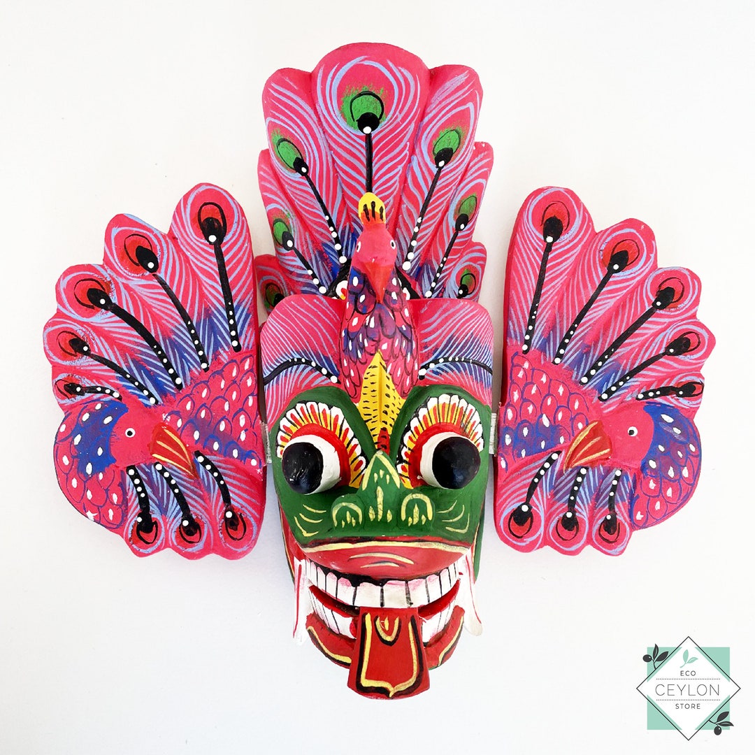 Hand Carved Wooden Pink Color Wall Decor Mask Mayura Raksha, Vintage ...