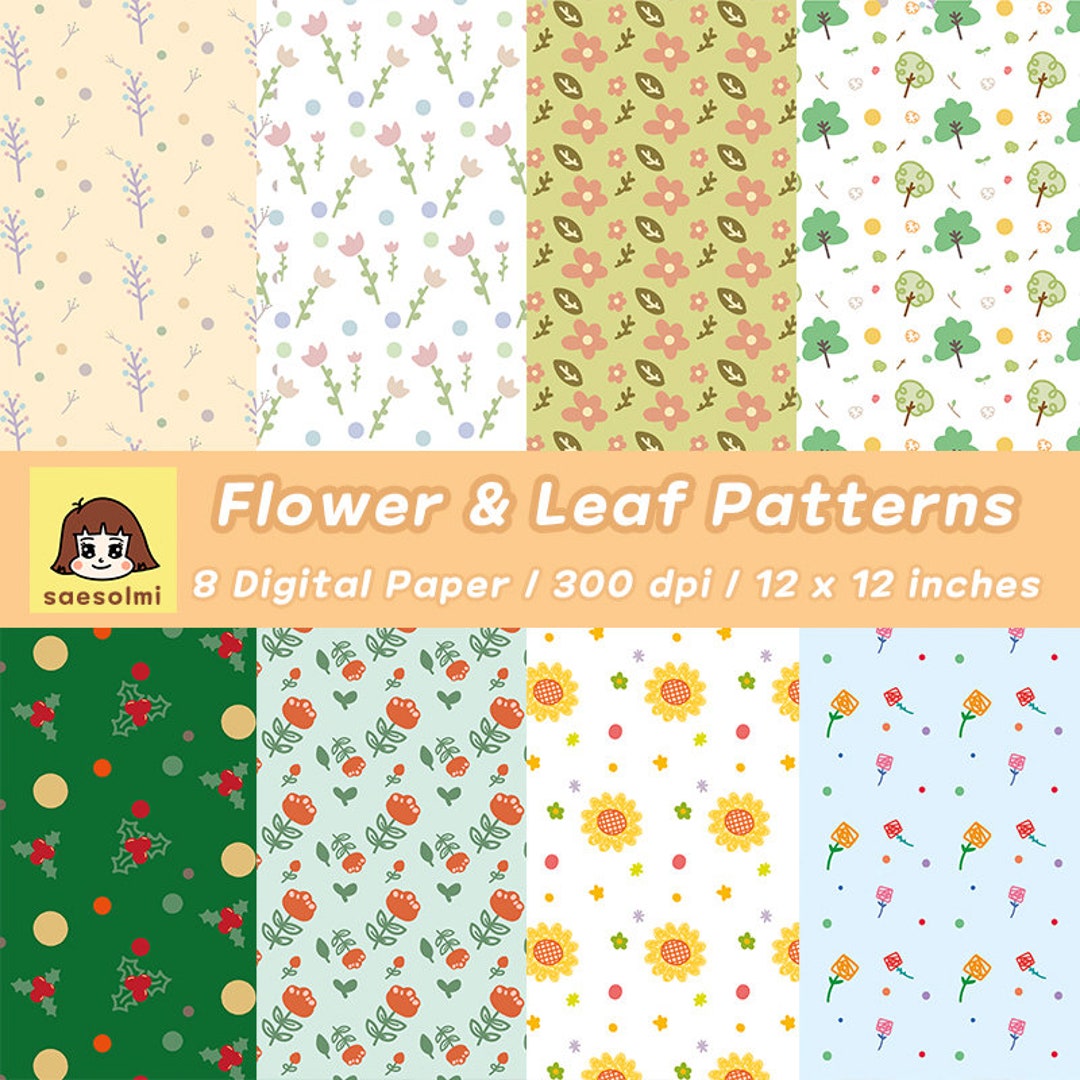 Digital Paper, Printable Paper Pack, Flower & Leaves Pattern, Personal ...