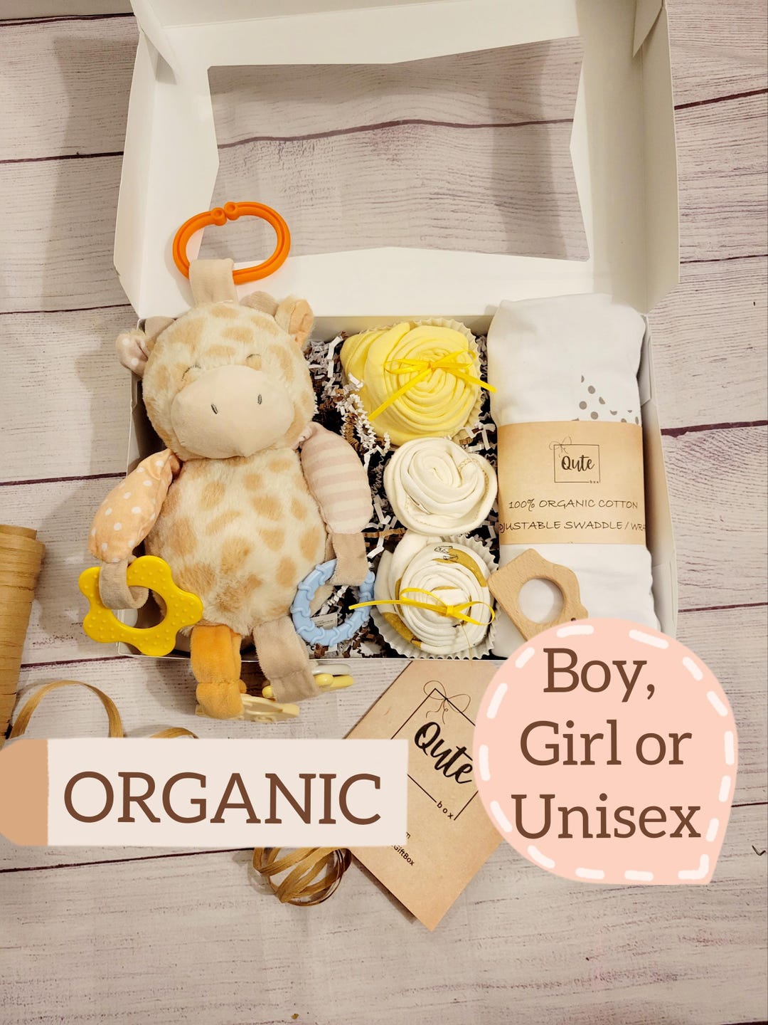Organic Baby Gift Box – Bodysuit, Swaddle, Toy - Etsy