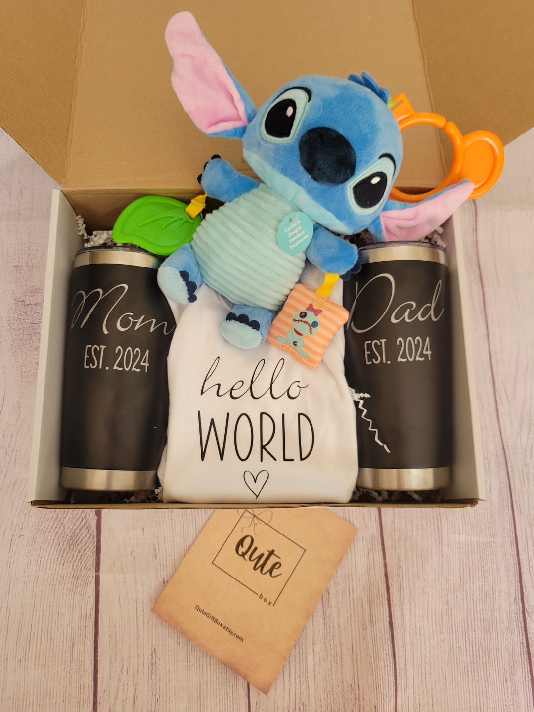 Qute New Parents Gift Box / Basket. Includes Custom Bodysuit, Toy ...