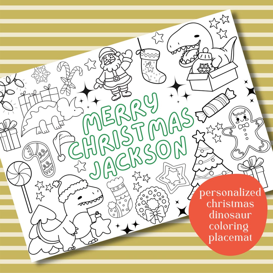 Personalized Dinosaur Christmas Coloring Placemat | Kids Christmas ...