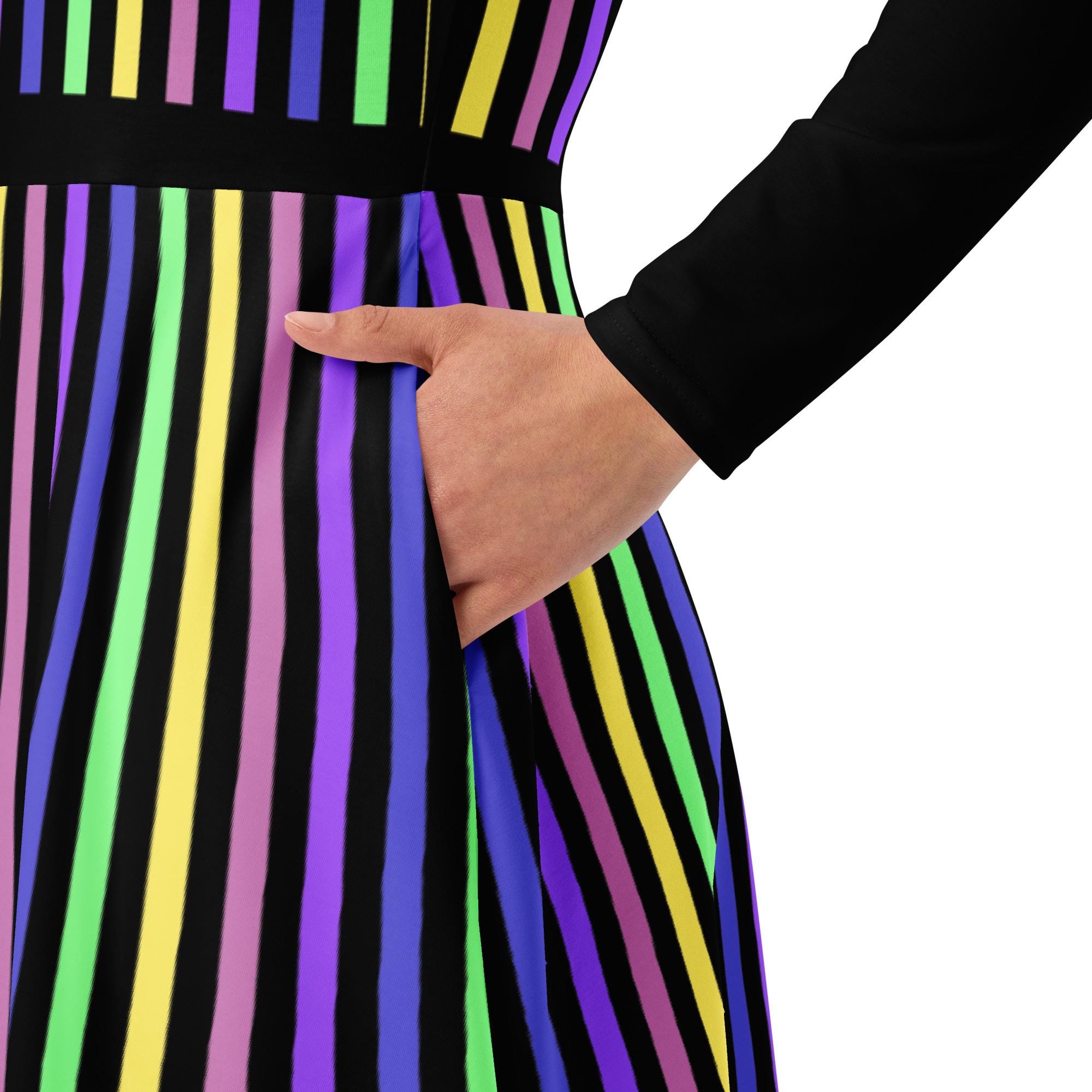Neon Cyberpunk Rainbow Stripes All-over Print Long Sleeve Midi Dress ...