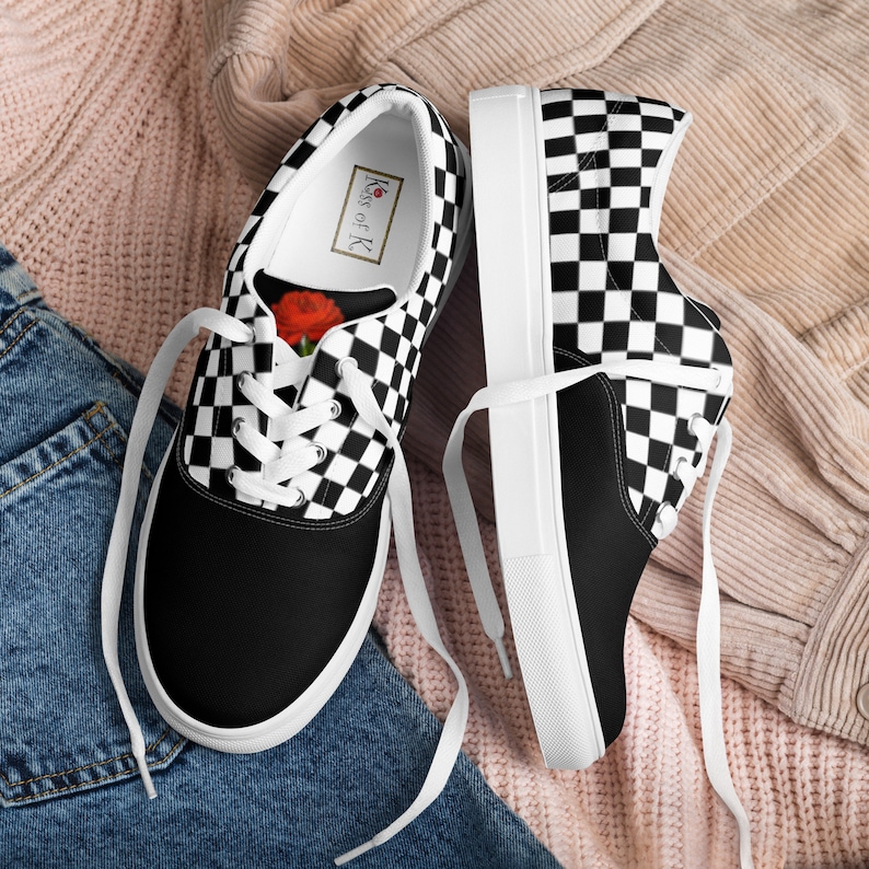 Black & White Checker Print | Rose Tongue | Men’s Lace-up Canvas Shoes ...