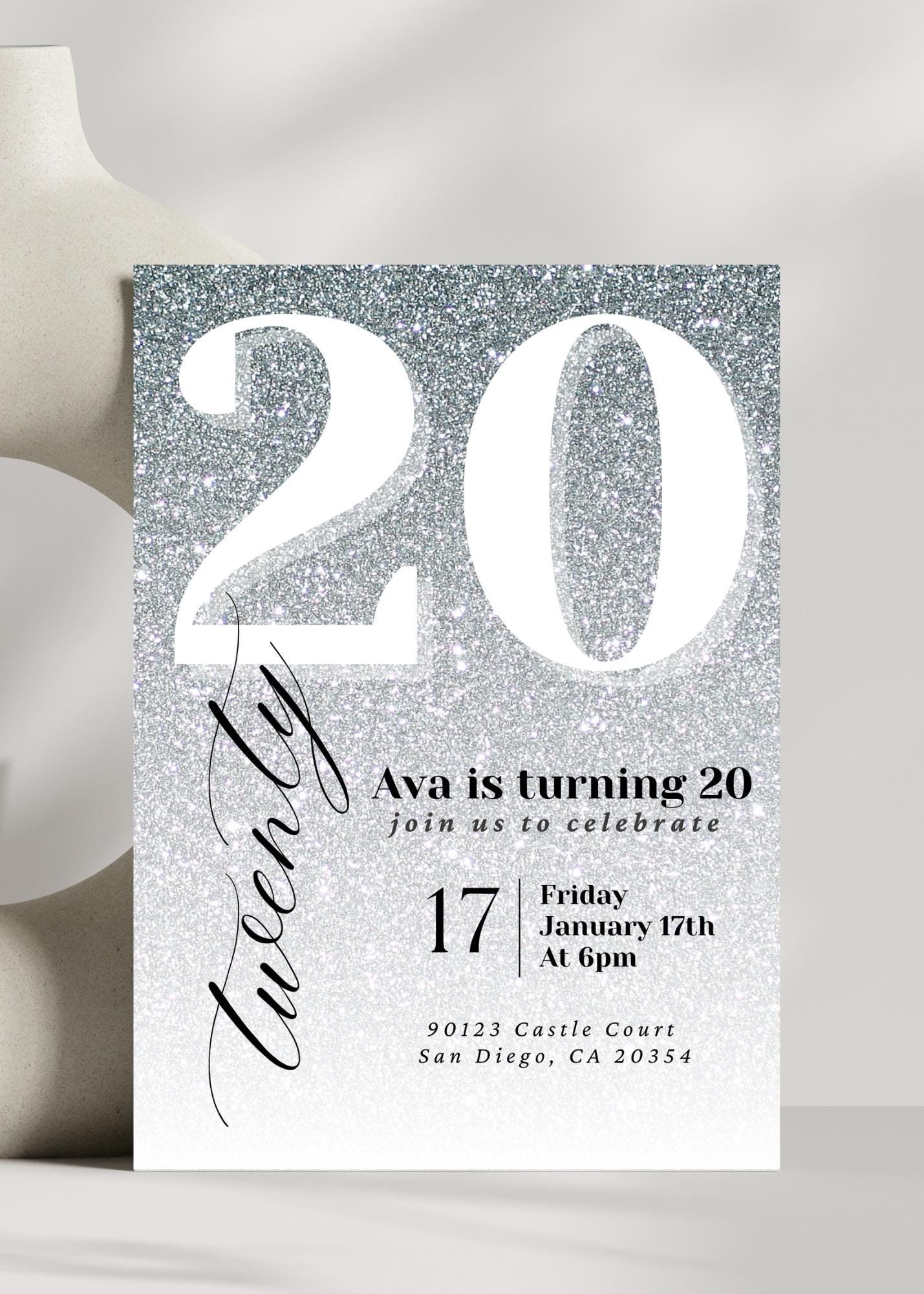 Sparkly Silver Birthday Digital Template Invite Elegant White Theme ...