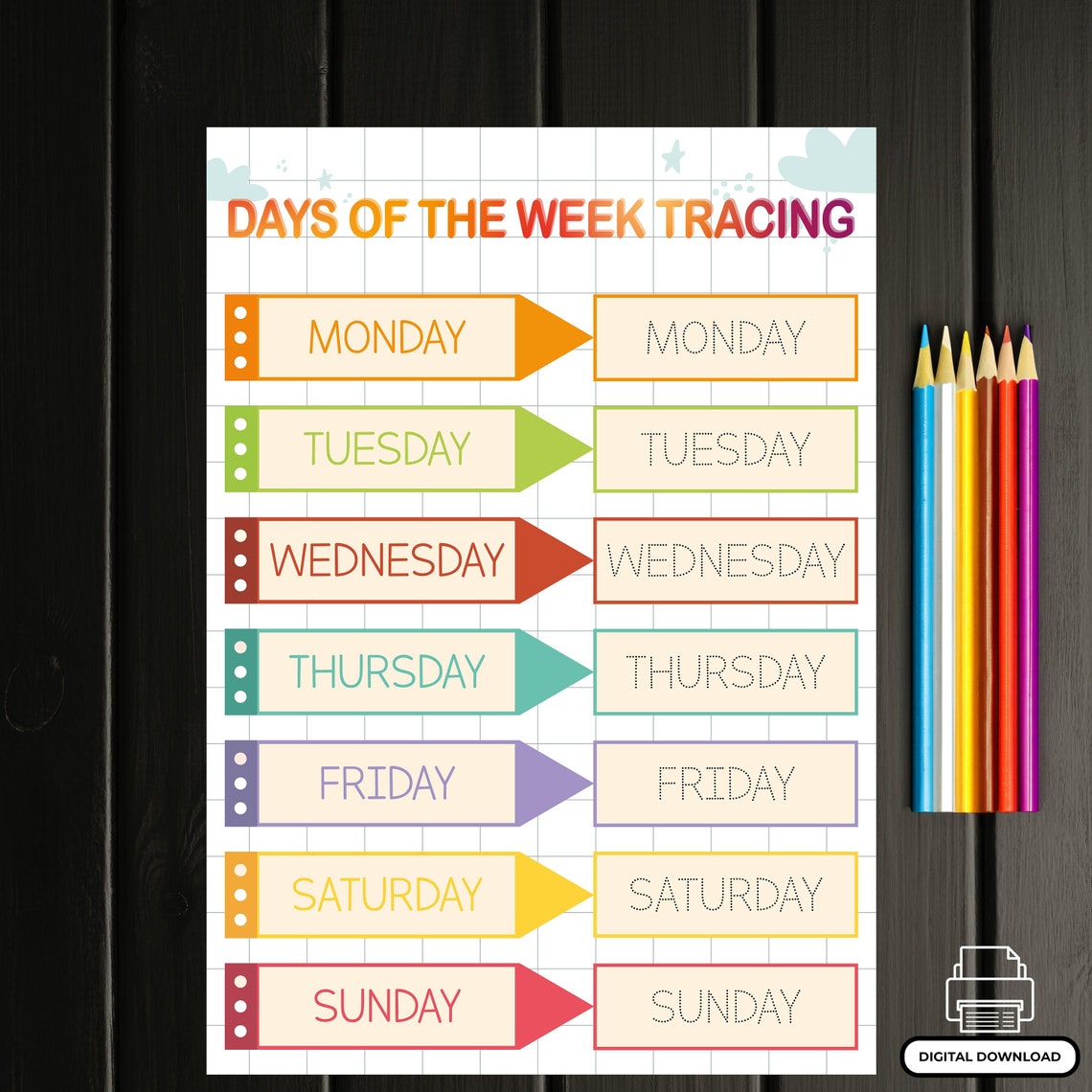 Days of the Week Tracing Worksheet for Homeschool, Handwriting Practice ...