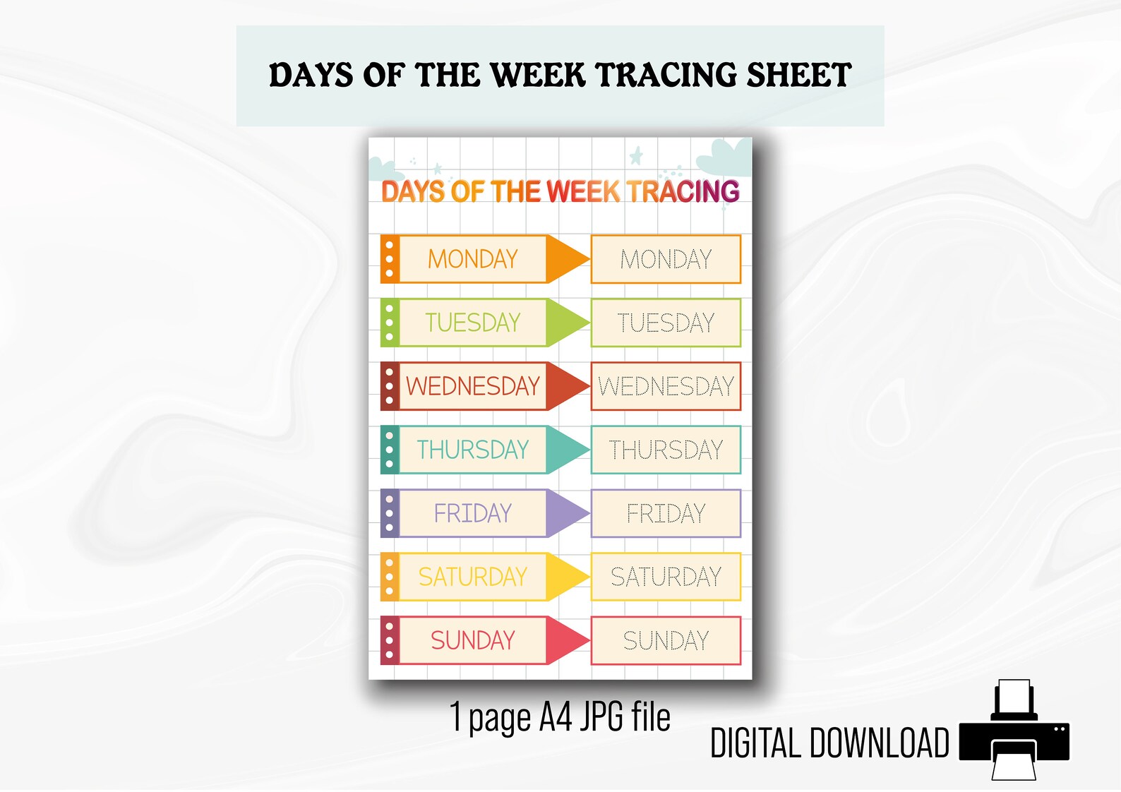 Days of the Week Tracing Worksheet for Homeschool, Handwriting Practice ...