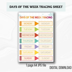 Days of the Week Tracing Worksheet for Homeschool, Handwriting Practice ...