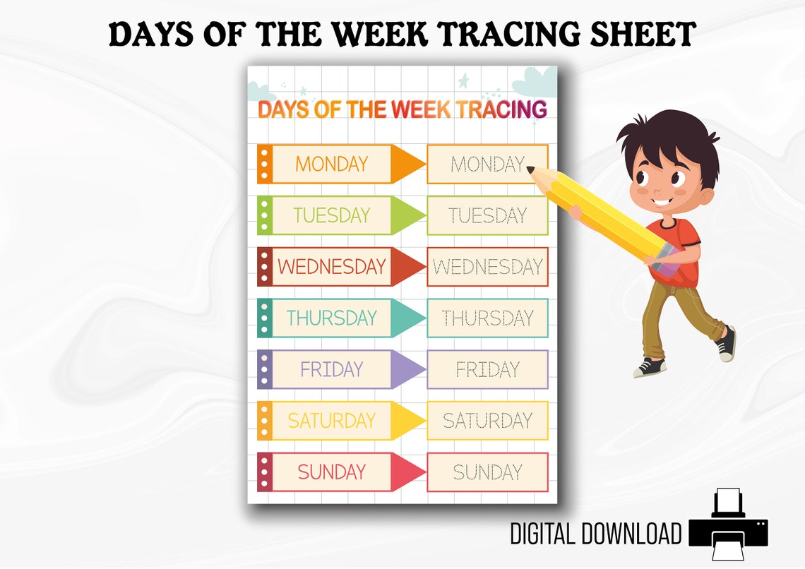 Days of the Week Tracing Worksheet for Homeschool, Handwriting Practice ...