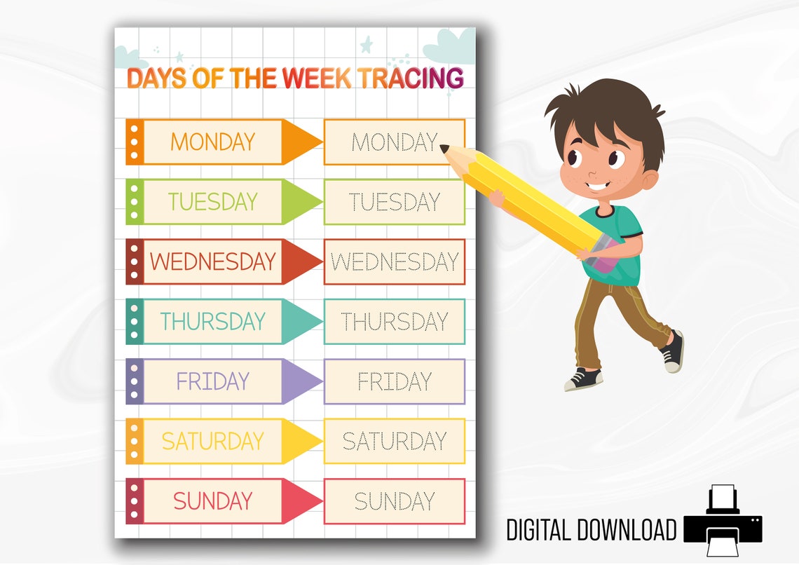 Days of the Week Tracing Worksheet for Homeschool, Handwriting Practice ...