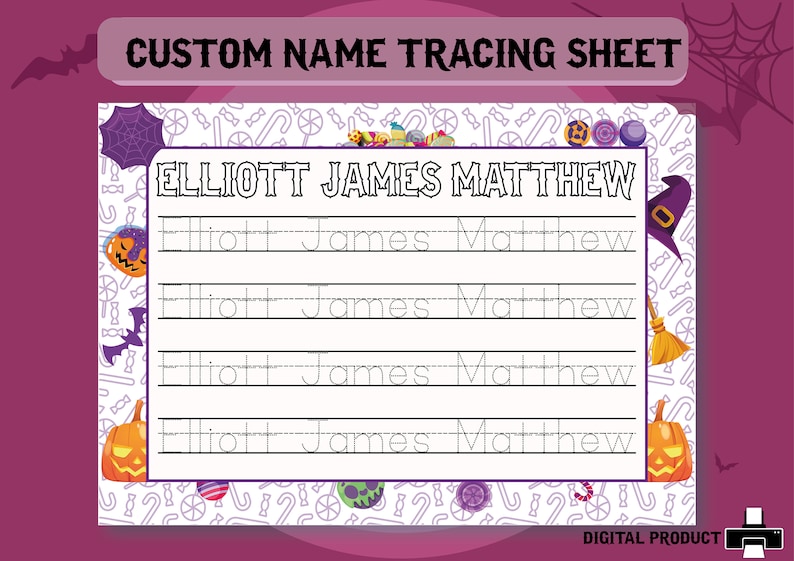 Custom Name Tracing Sheet, Halloween Themed Printable Name Writing ...