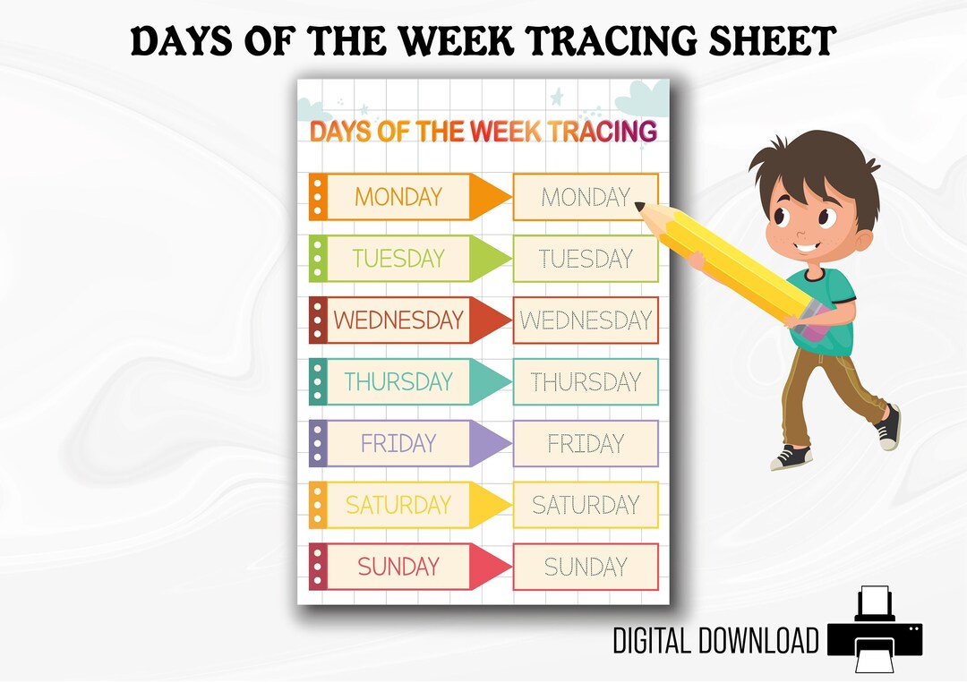 Days of the Week Tracing Worksheet for Homeschool, Handwriting Practice ...
