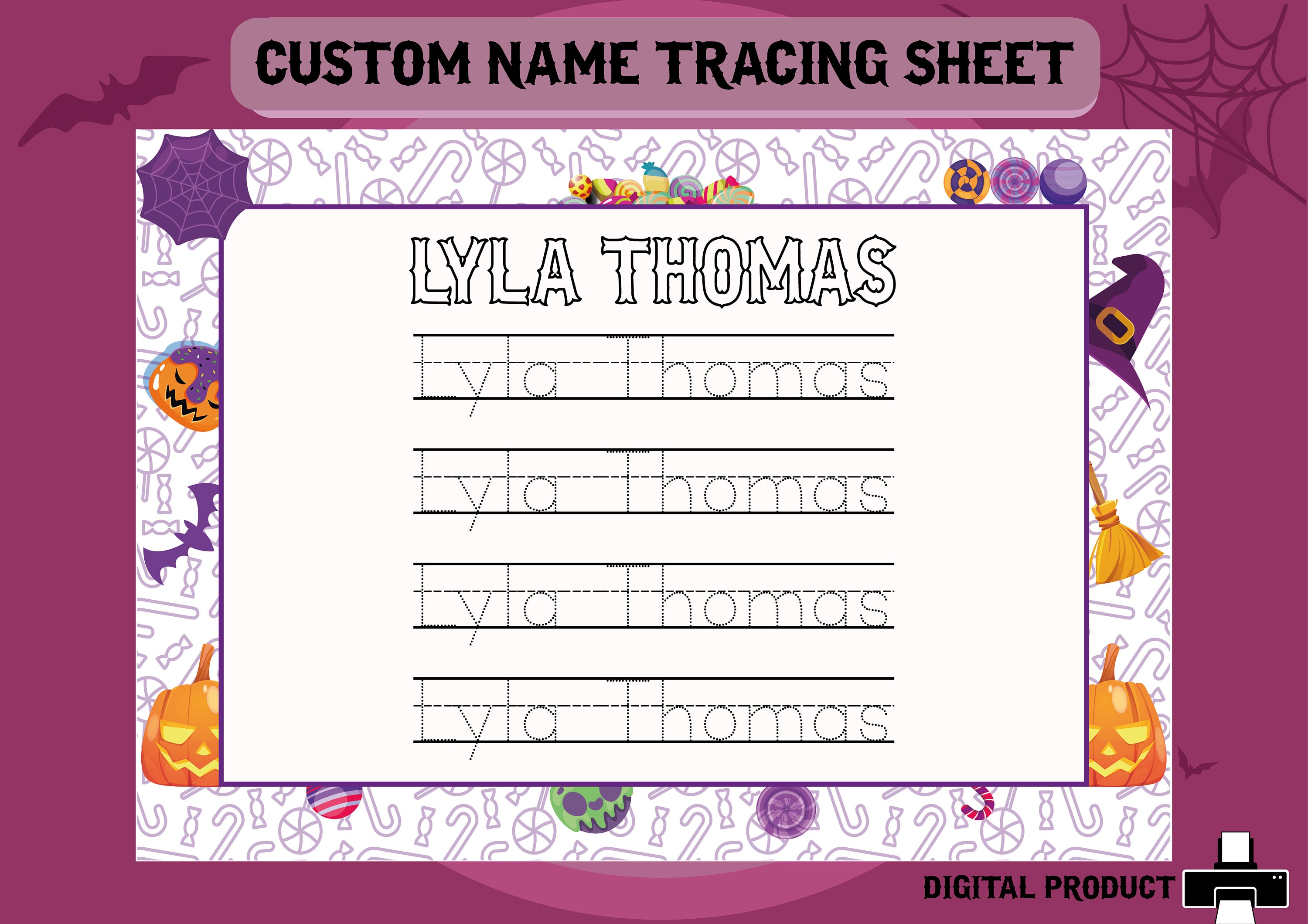 Custom Name Tracing Sheet, Halloween Themed Printable Name Writing ...