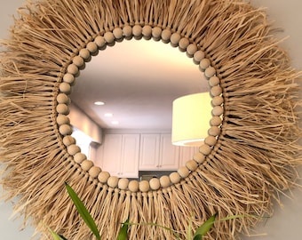 Handmade Round Raffia Mirror Wall Art Homedecor Gift | Etsy