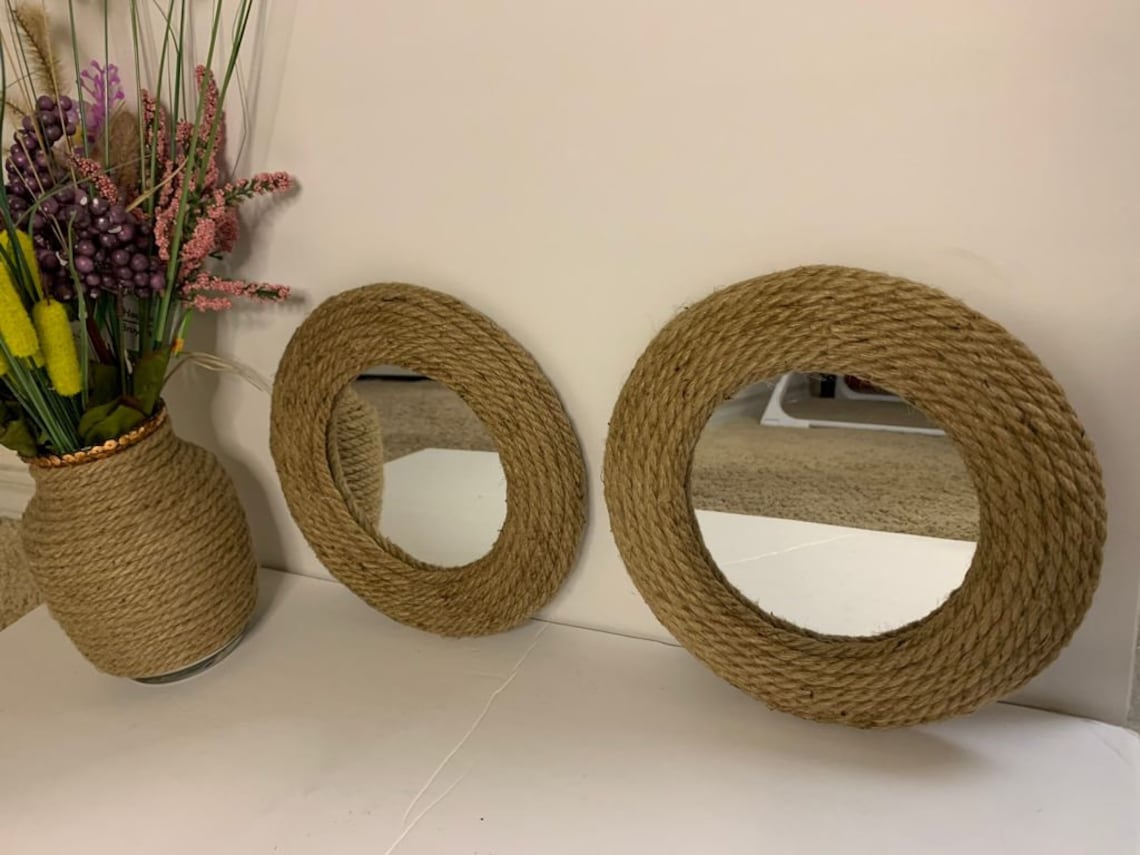 2 Pieces Round Clay Mirrors Handcrafted With Nautical Rope - Etsy