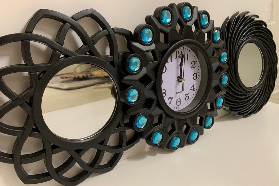 Electronic Clock With Floral Frame Mirrors Set, Wall Art, Living Room ...