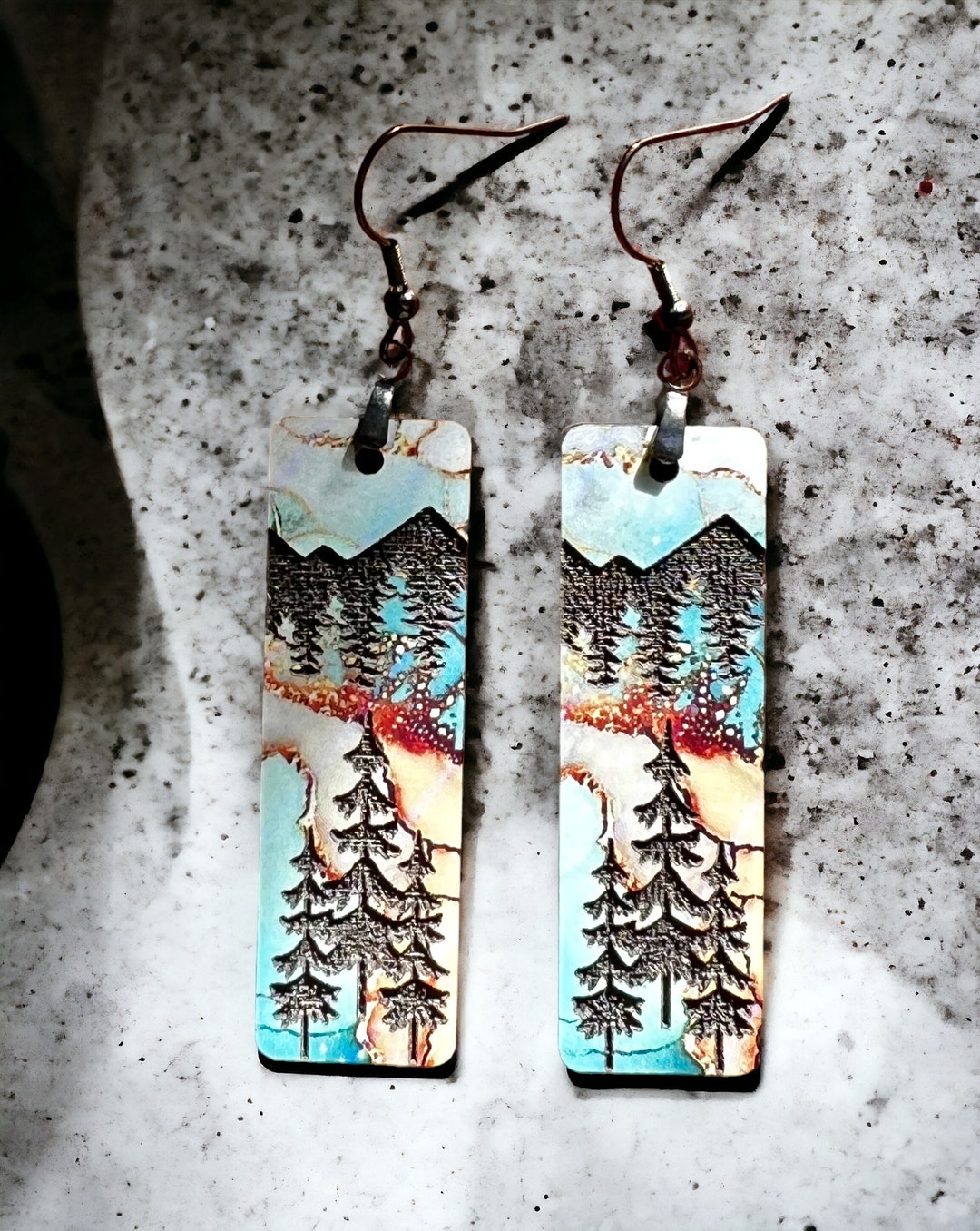 Rectangle Engraved Trees Mountains Earrings Dangle/hanging - Etsy